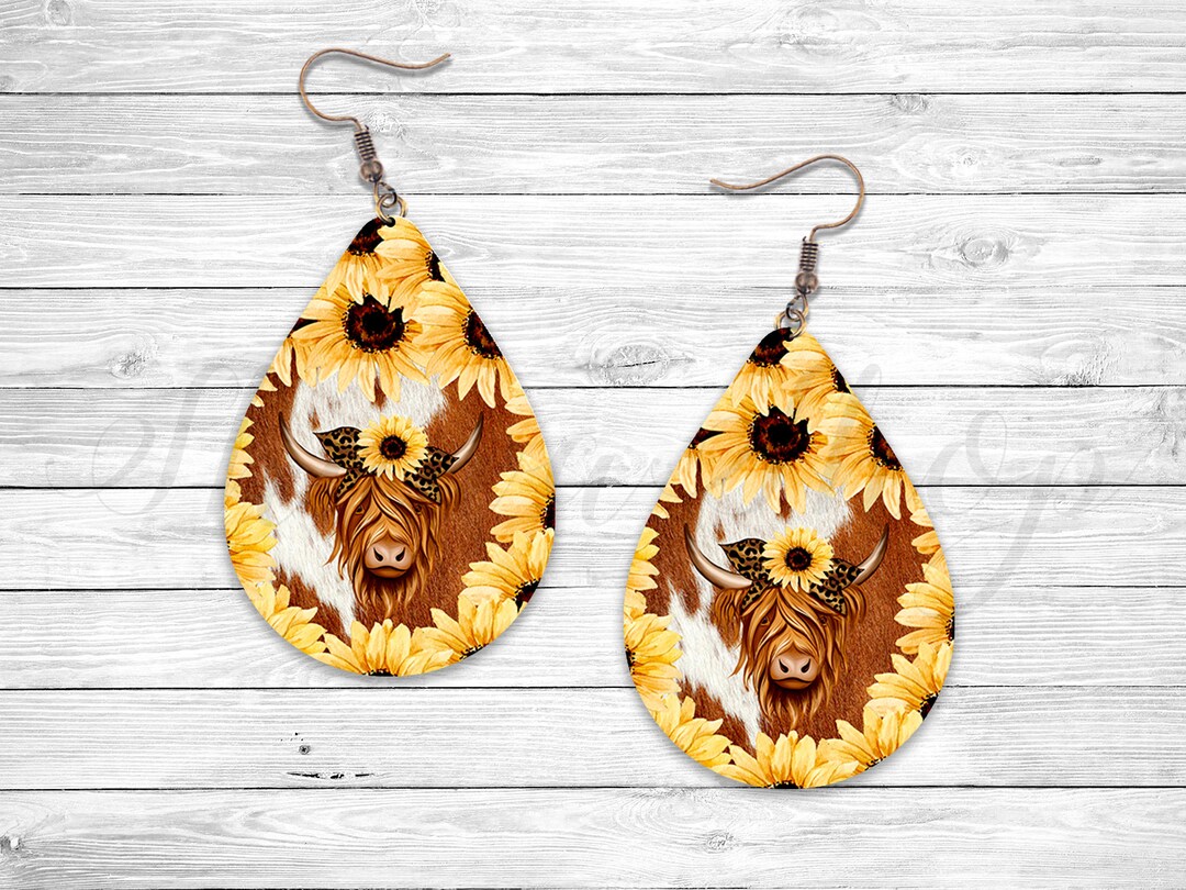 Sunflower Cow Earring, Highland Cow Sublimation Earring Designs ...