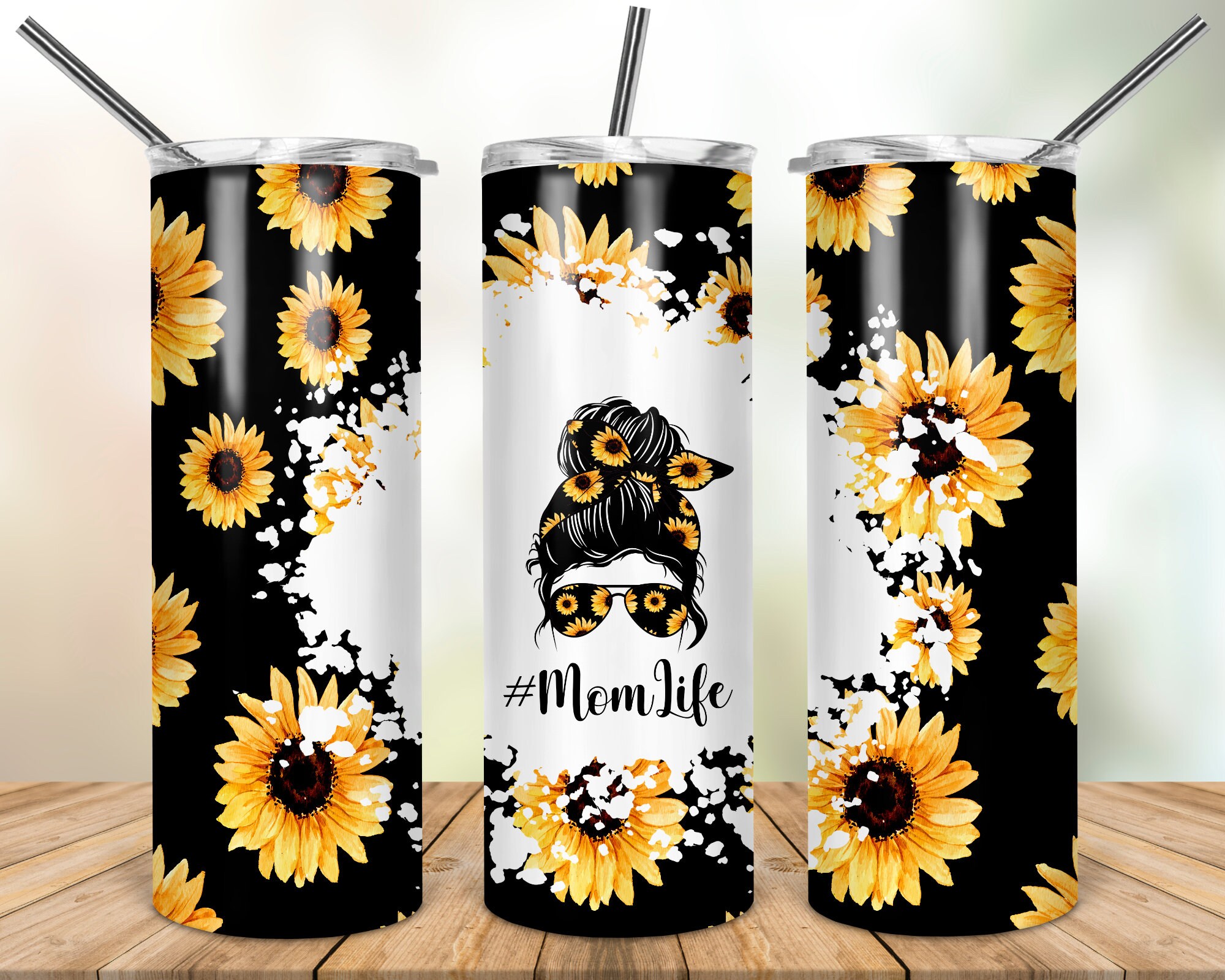 Mom Life Sunflower Messy Bun Wrap 20oz Str8 Tumbler Png Instant