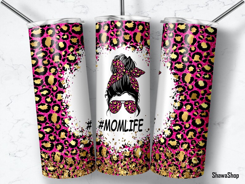 Hot Pink Glitter Leopard Mom Life Messy Bun 20oz Skinny Etsy