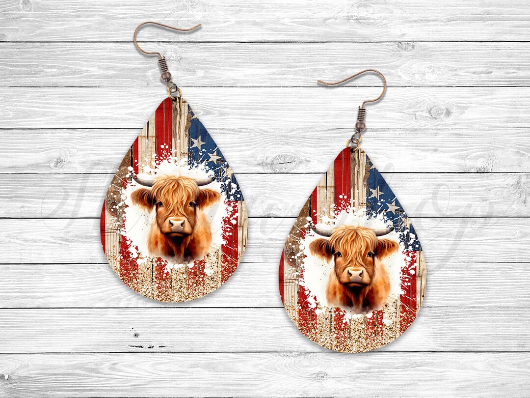 American Flag Highland Cow Earring, Sublimation Earring Designs ...