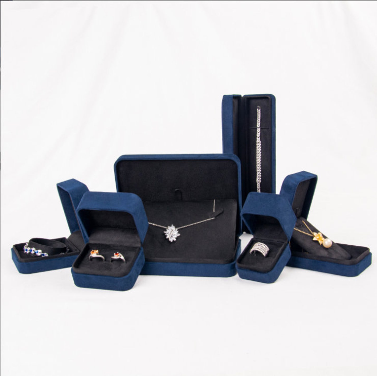 500 Dark Blue Custom Suede Jewelry Boxes With Outer Box Jewelry ...