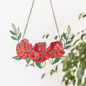 Red Roses Stained Glass Sun Catcher Wall Window Hanging Home Decor ...