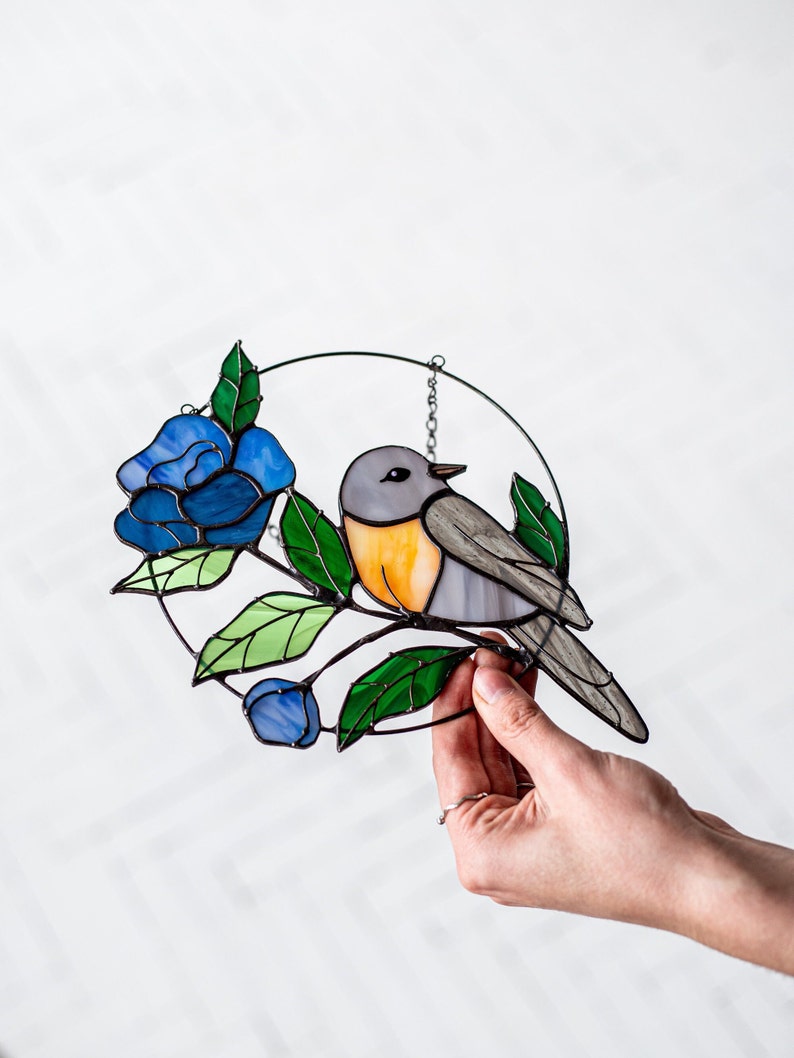 Stain Glass Finch Chaffinch Bird Grey Suncatcher Flower Home House ...