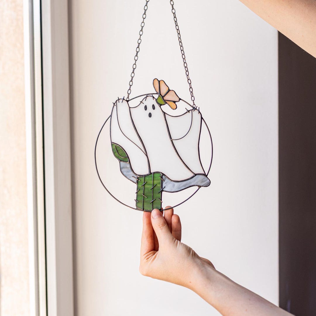 Funny Ghost & Cactus Gothic Stained Glass Suncatcher, Spooky Halloween ...