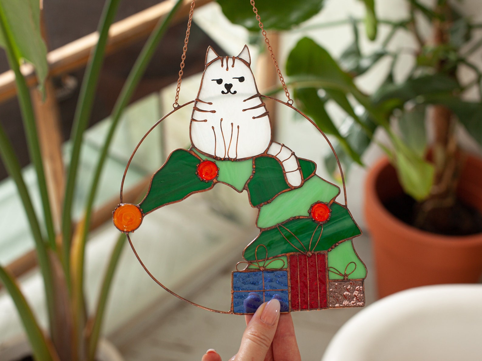 Funny Cat on Tree Suncatcher | Festive Stained Glass Picture | Patio ...