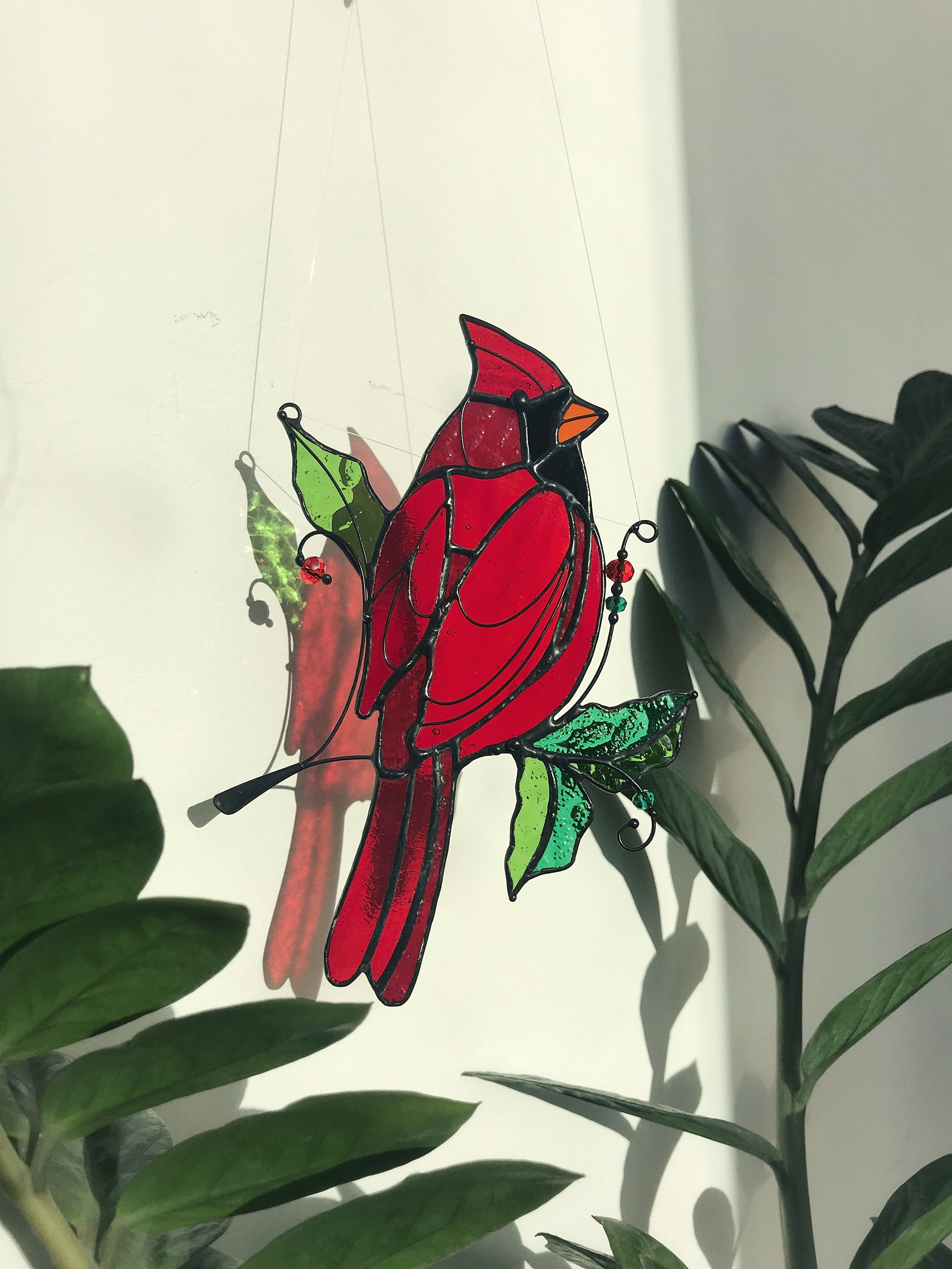 Suncatcher Bird Cardinal Red Home House Decor Gift Stained Glass Garden ...