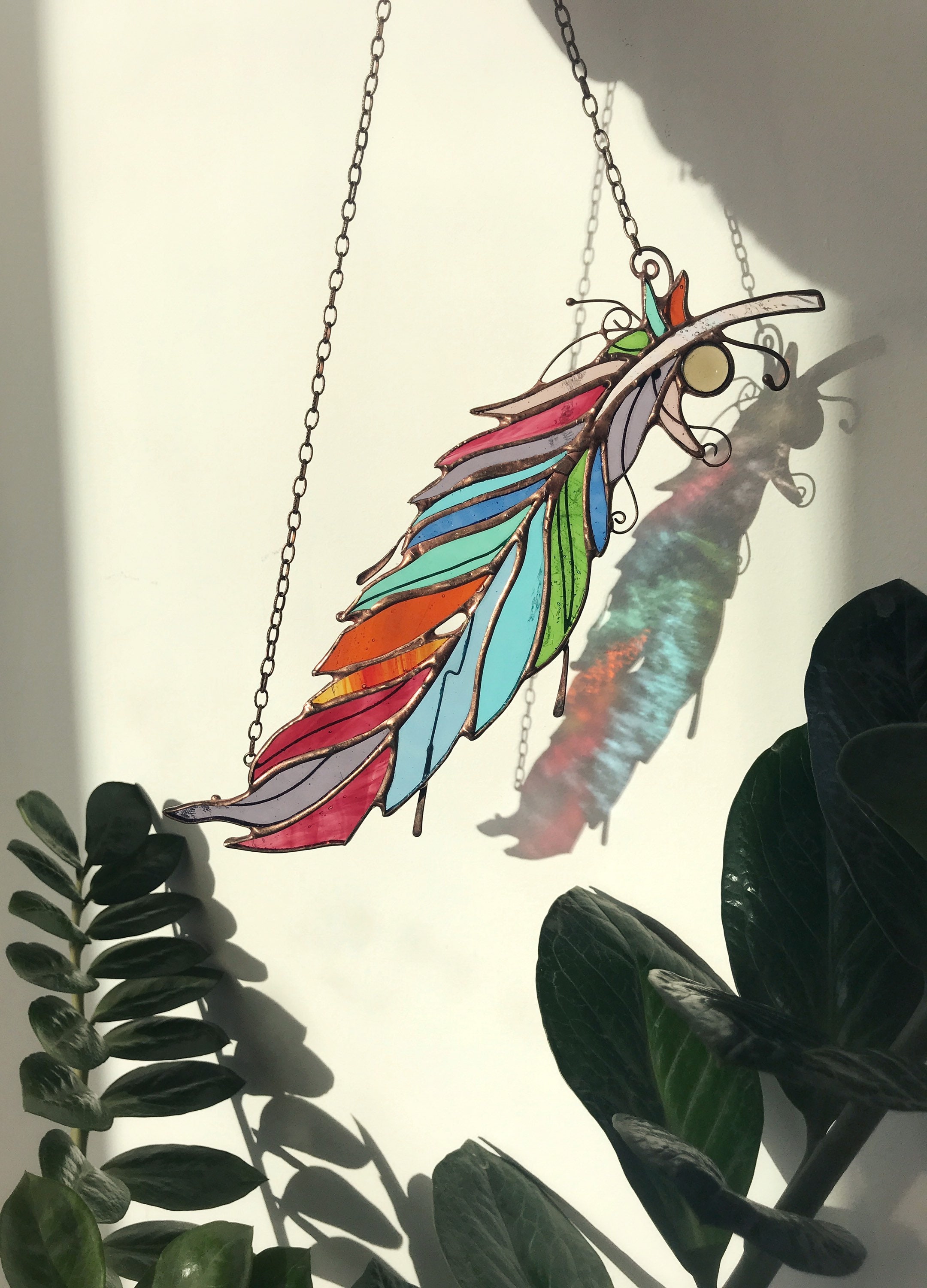 Boho Home Decor Stained Glass Feather | Rainbow Wall Window Hanging ...