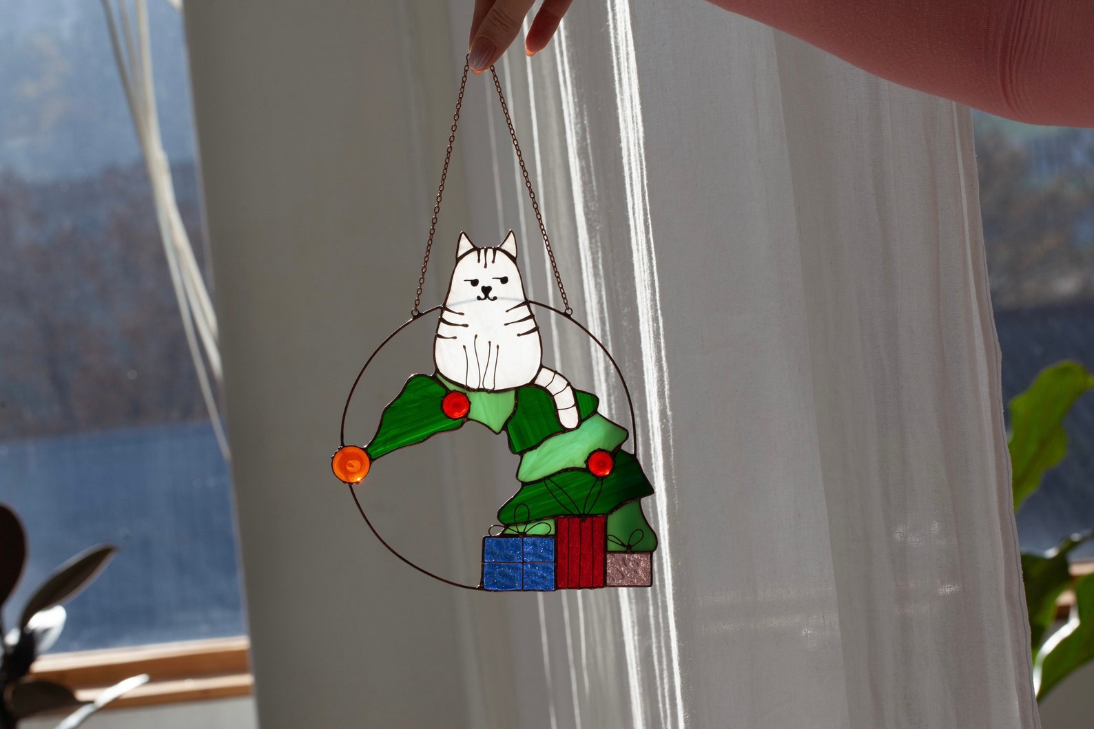 Funny Christmas Suncatcher Cat on Tree New Year Stained Glass - Etsy