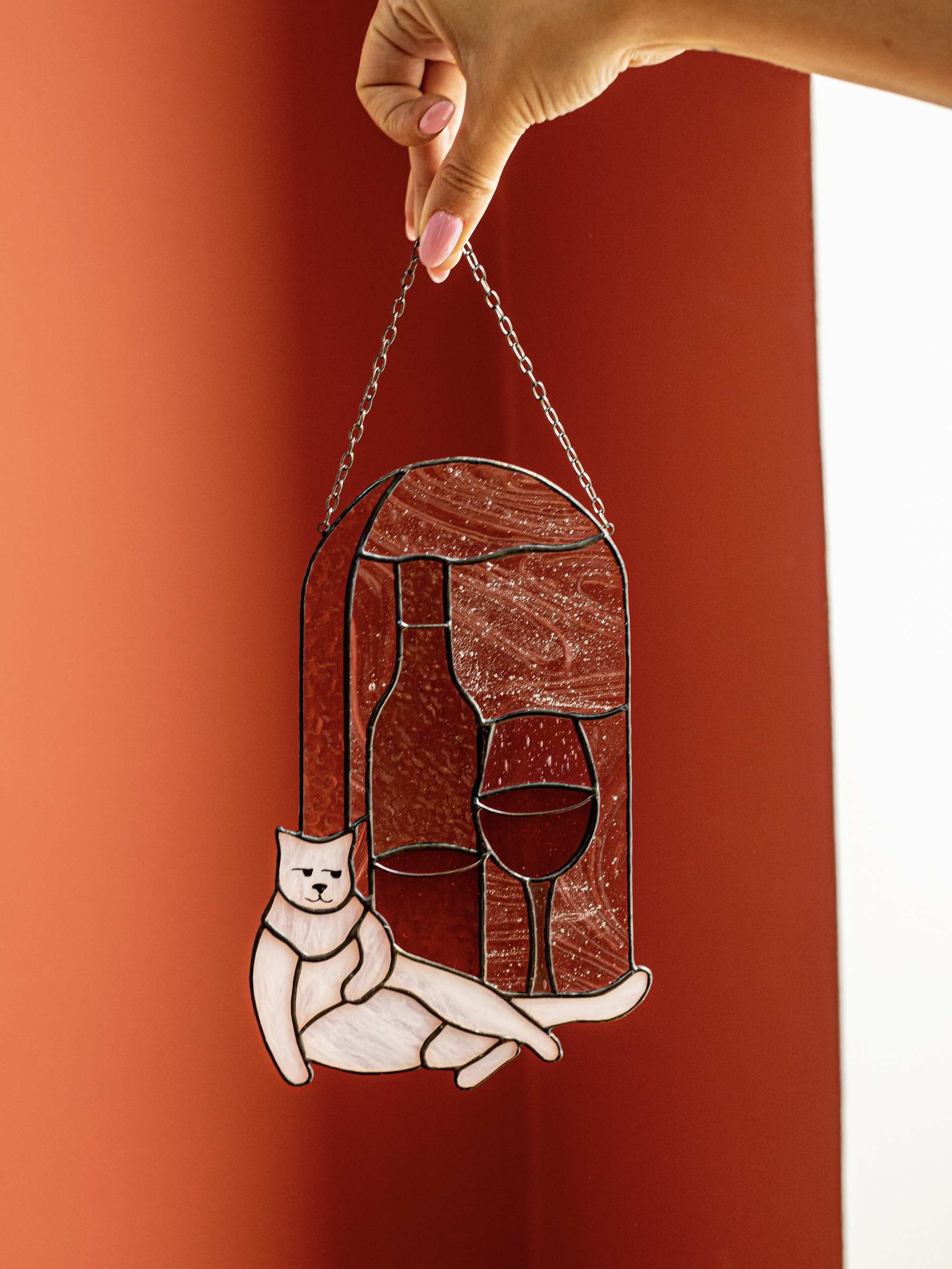 Suncatcher Cat Wine Funny Stain Glass Picture Home House Decor Ornament ...