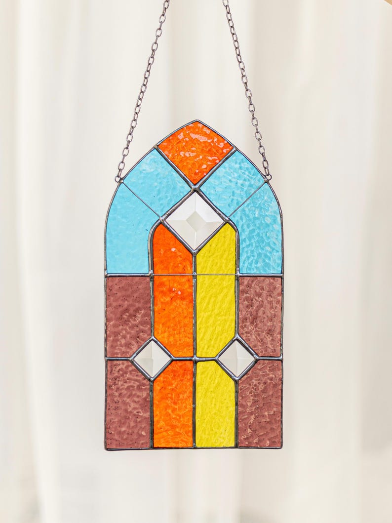 Stained Glass Window Panel | Gothic Arch Suncatcher | Colorful Glass ...