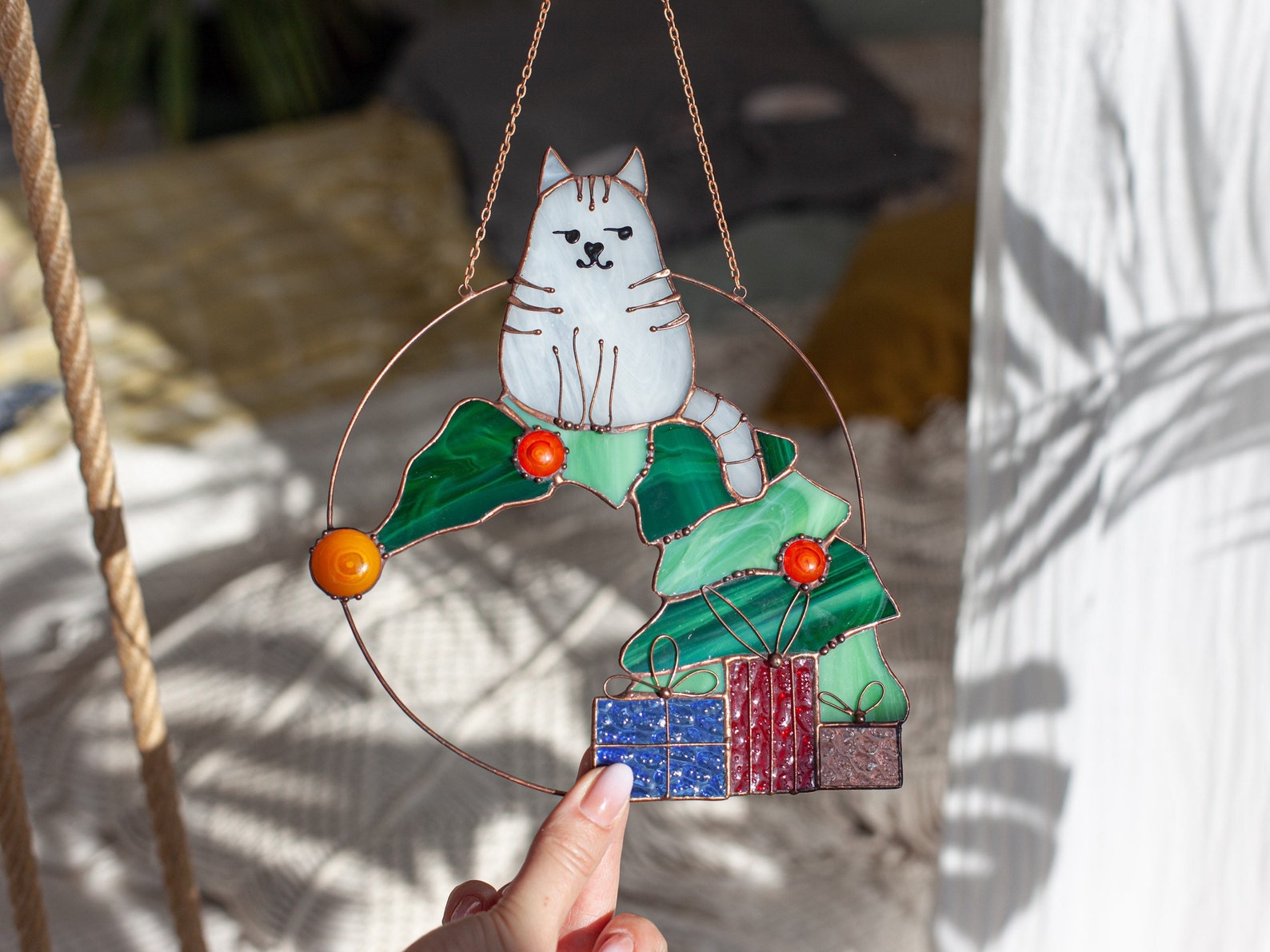 Funny Cat on Tree Suncatcher | Festive Stained Glass Picture | Patio ...