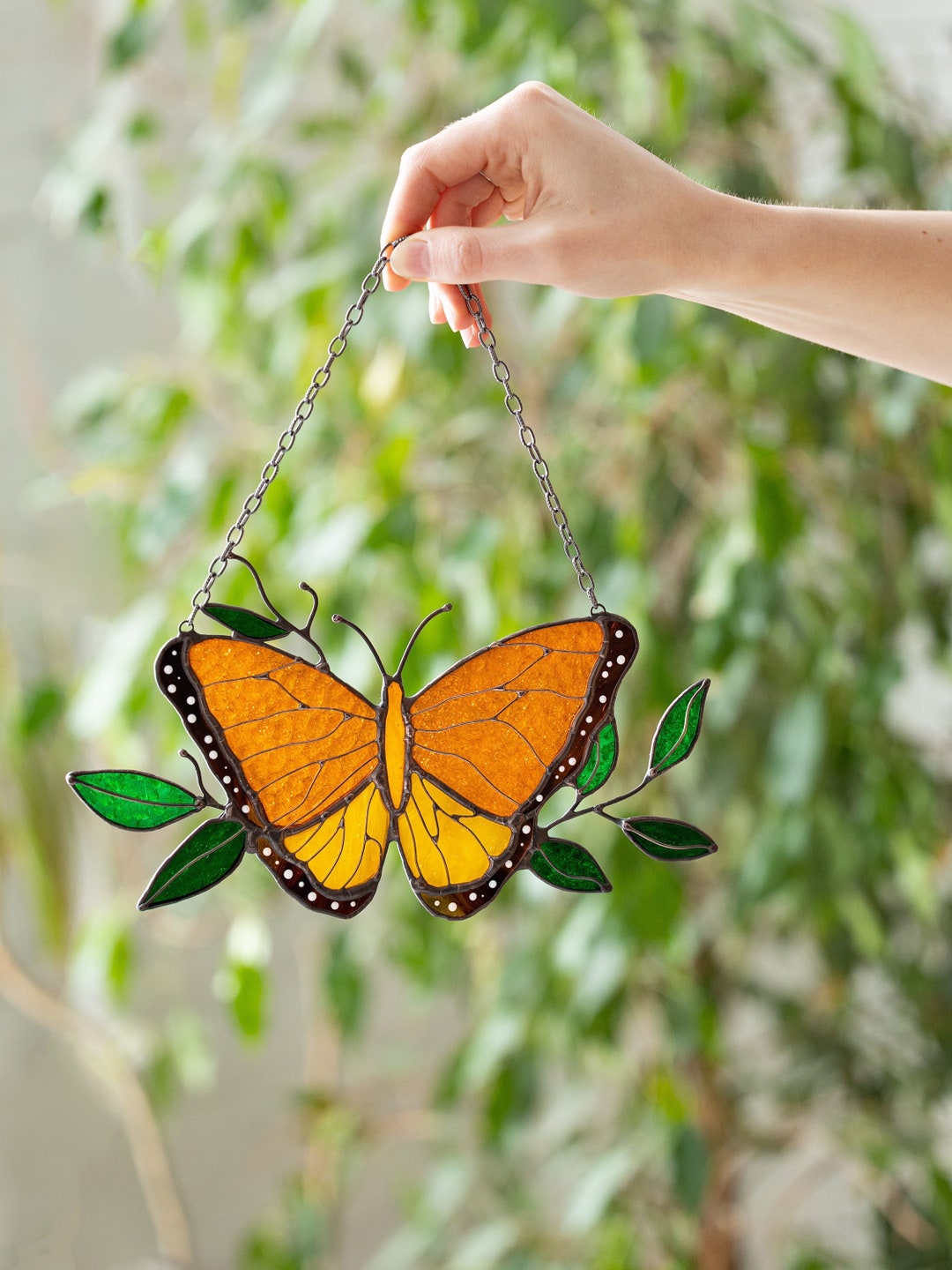Orange Suncatcher Monarch Butterfly Stained Glass Window Wall Hanging ...