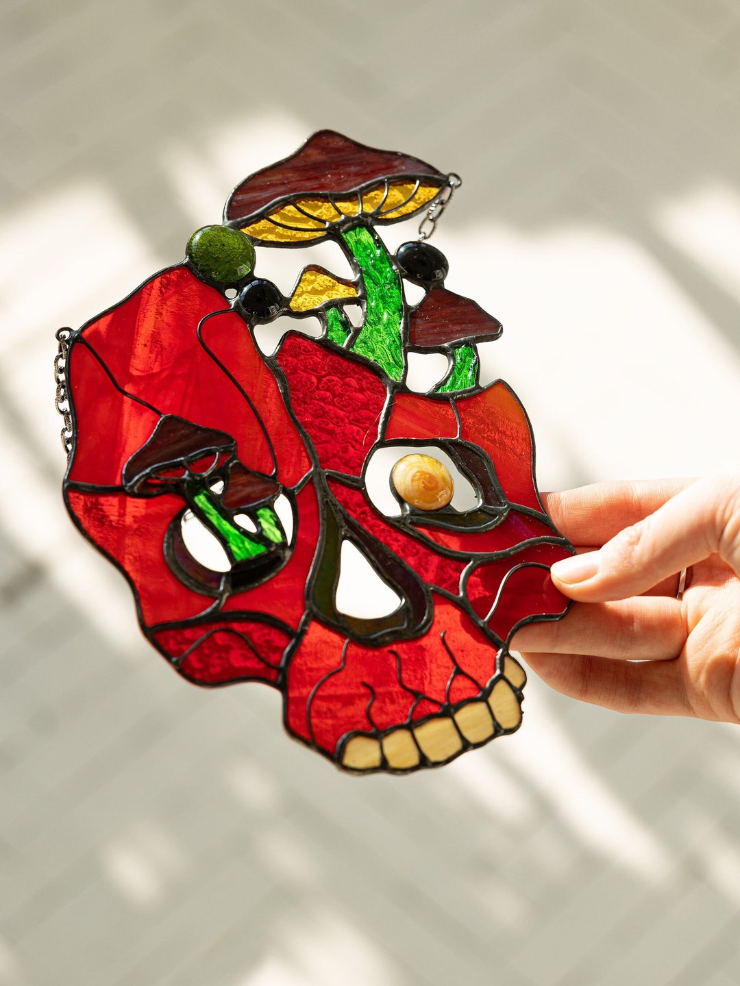 Red Gothic Suncatcher Skull Amanita Stained Glass Horror Picture Home ...