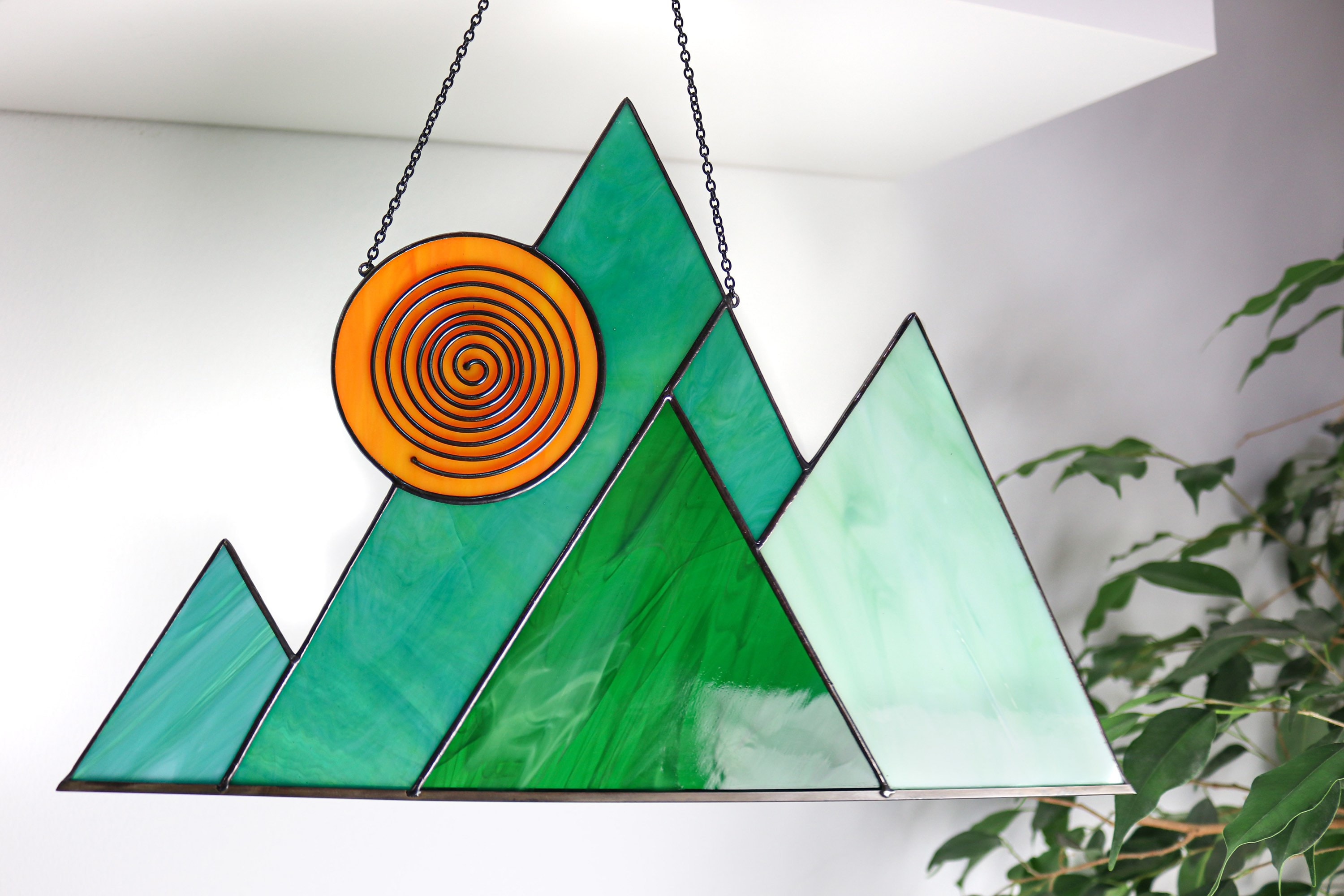 Green Suncatcher Mountain Stain Glass Picture Home House Decor Panel ...