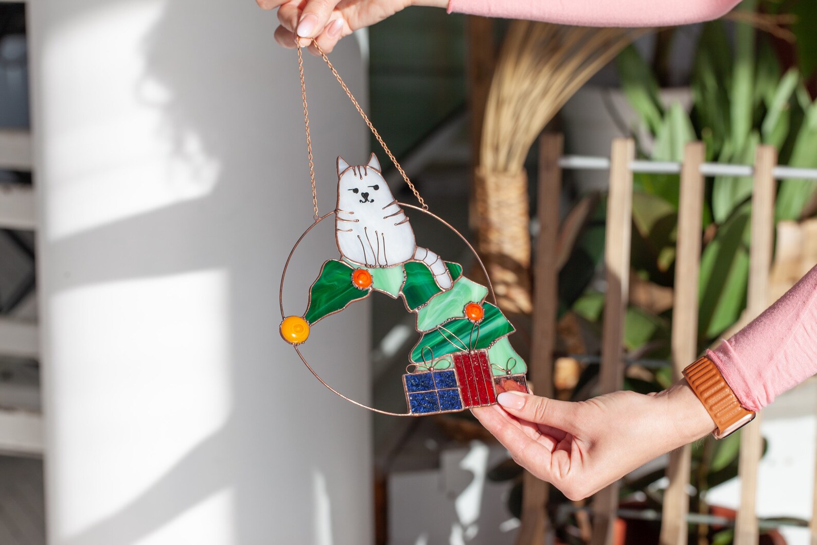 Funny Christmas Suncatcher Cat on Tree New Year Stained Glass - Etsy