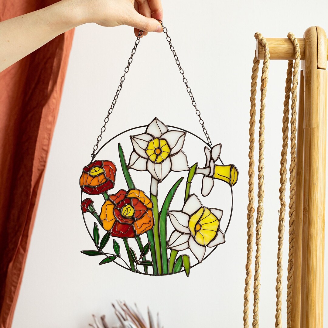 Daffodils and Marigold Flowers Suncatcher. Stained Glass Window Wall ...
