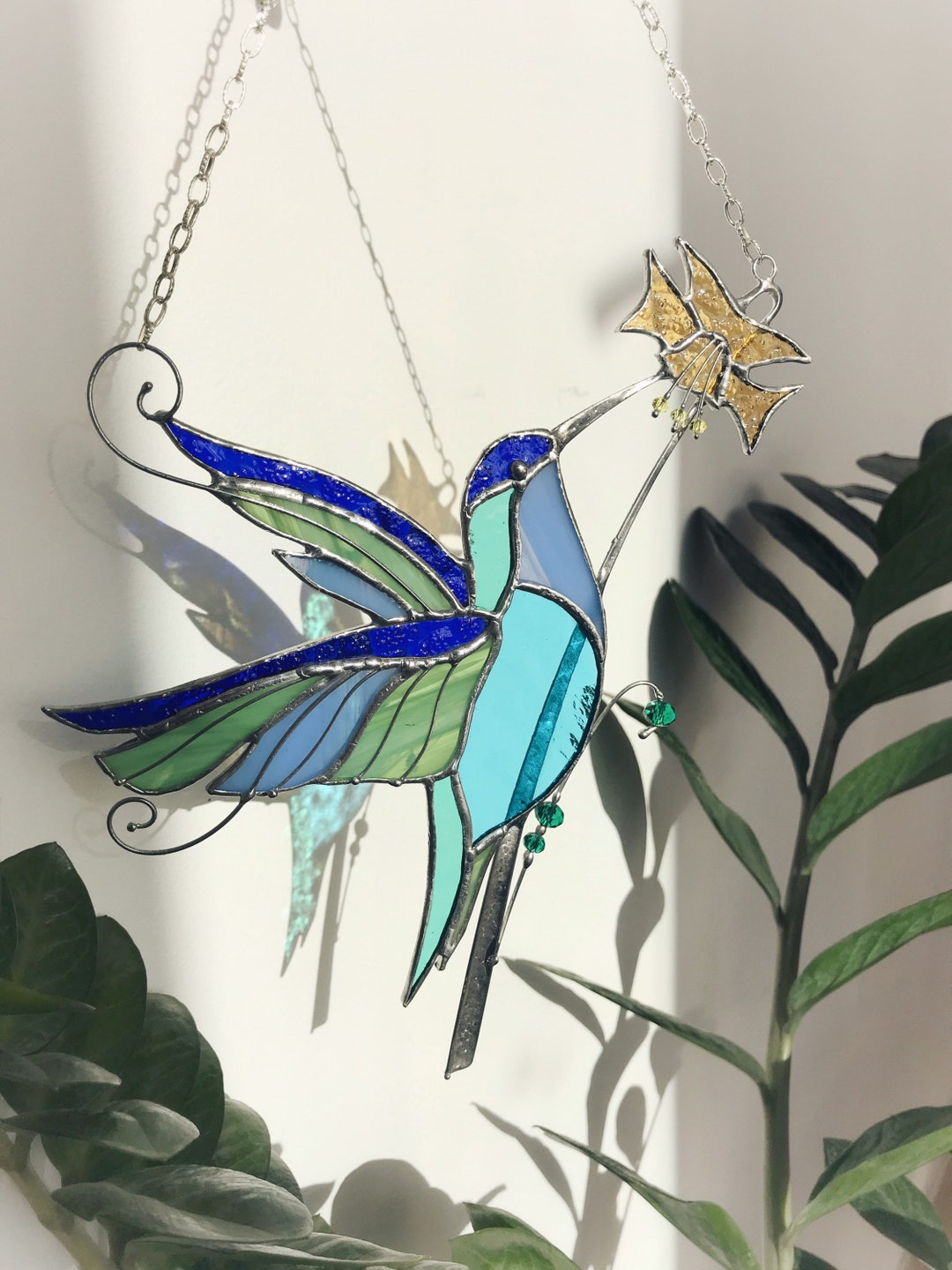 Blue Hummingbird Stain Glass Bird Suncatcher Home House Decor Nature ...