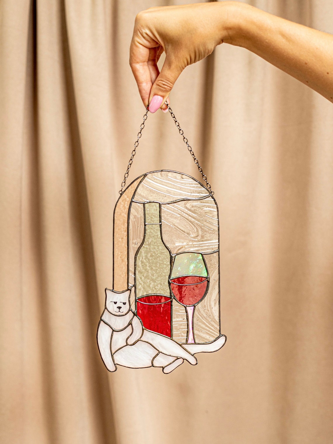 Suncatcher Cat Wine Funny Stain Glass Picture Home House Decor Ornament ...