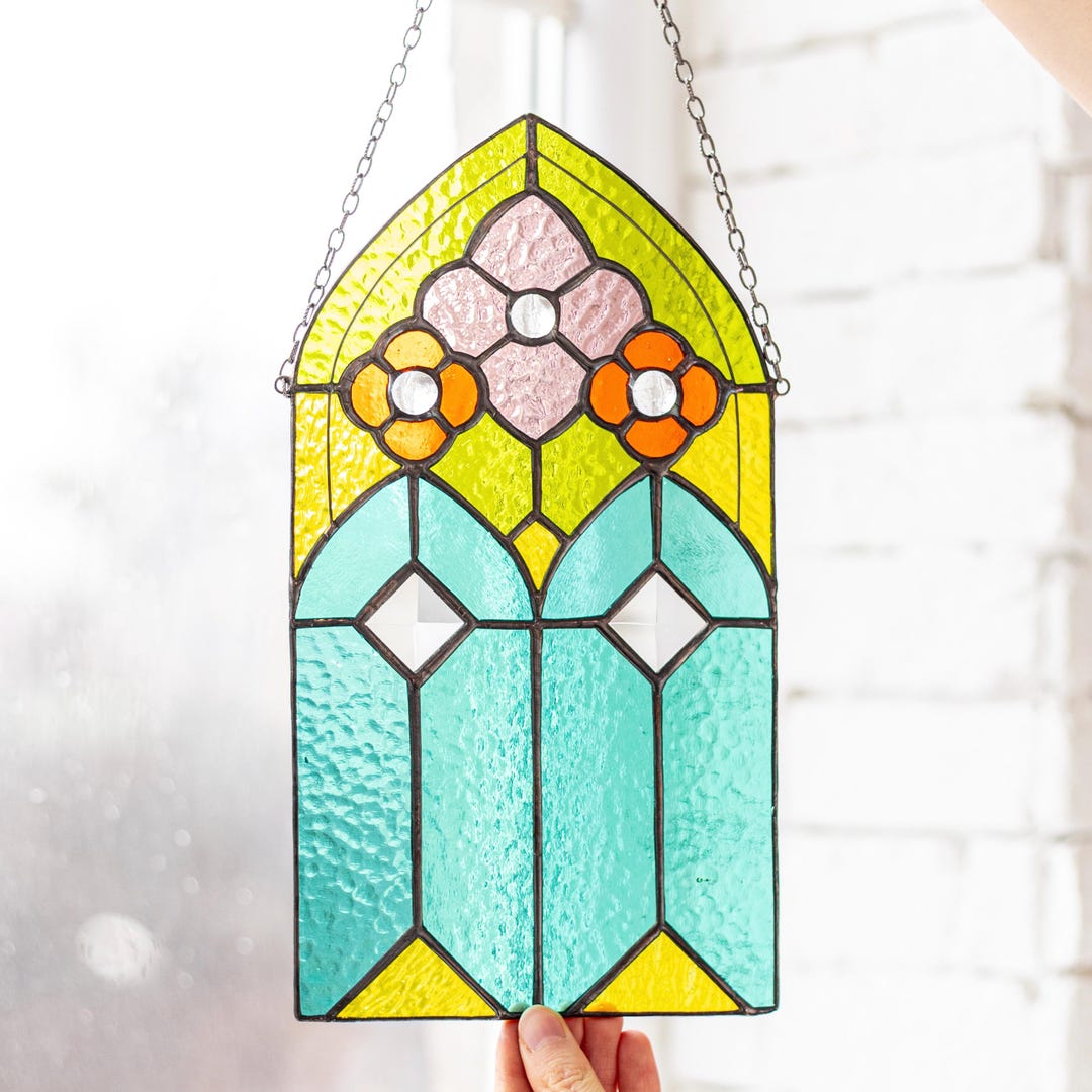 Yellow Stained Glass Gothic Arch Suncatcher, Vibrant Window Panel ...