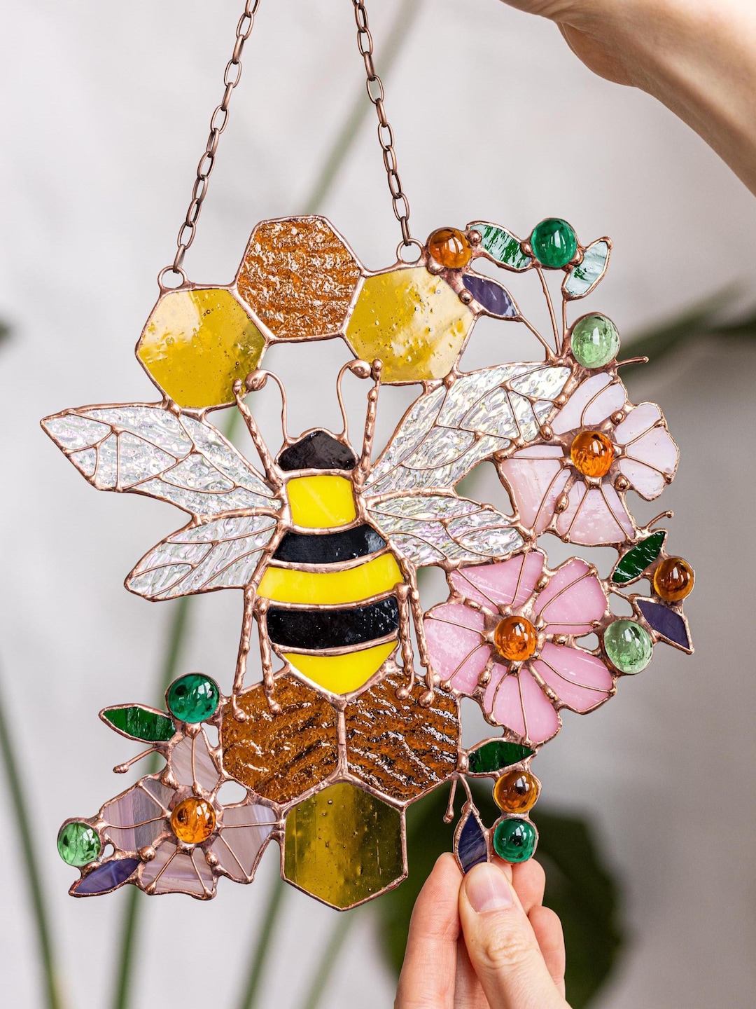 Stained Glass Bee Suncatcher With Flowers and Honeycomb – Bee Lover ...