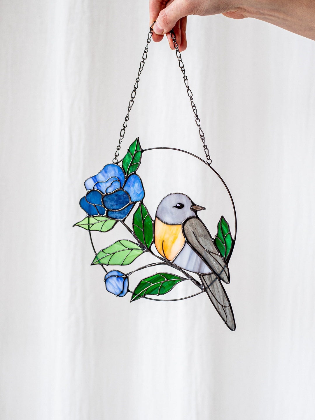 Stain Glass Finch Chaffinch Bird Grey Suncatcher Flower Home House ...