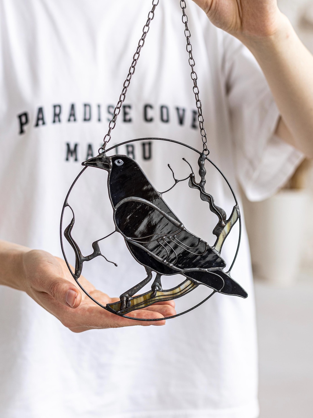 Stained Glass Black Crow Window Hanging Suncatcher, Glass Art Wall Home ...