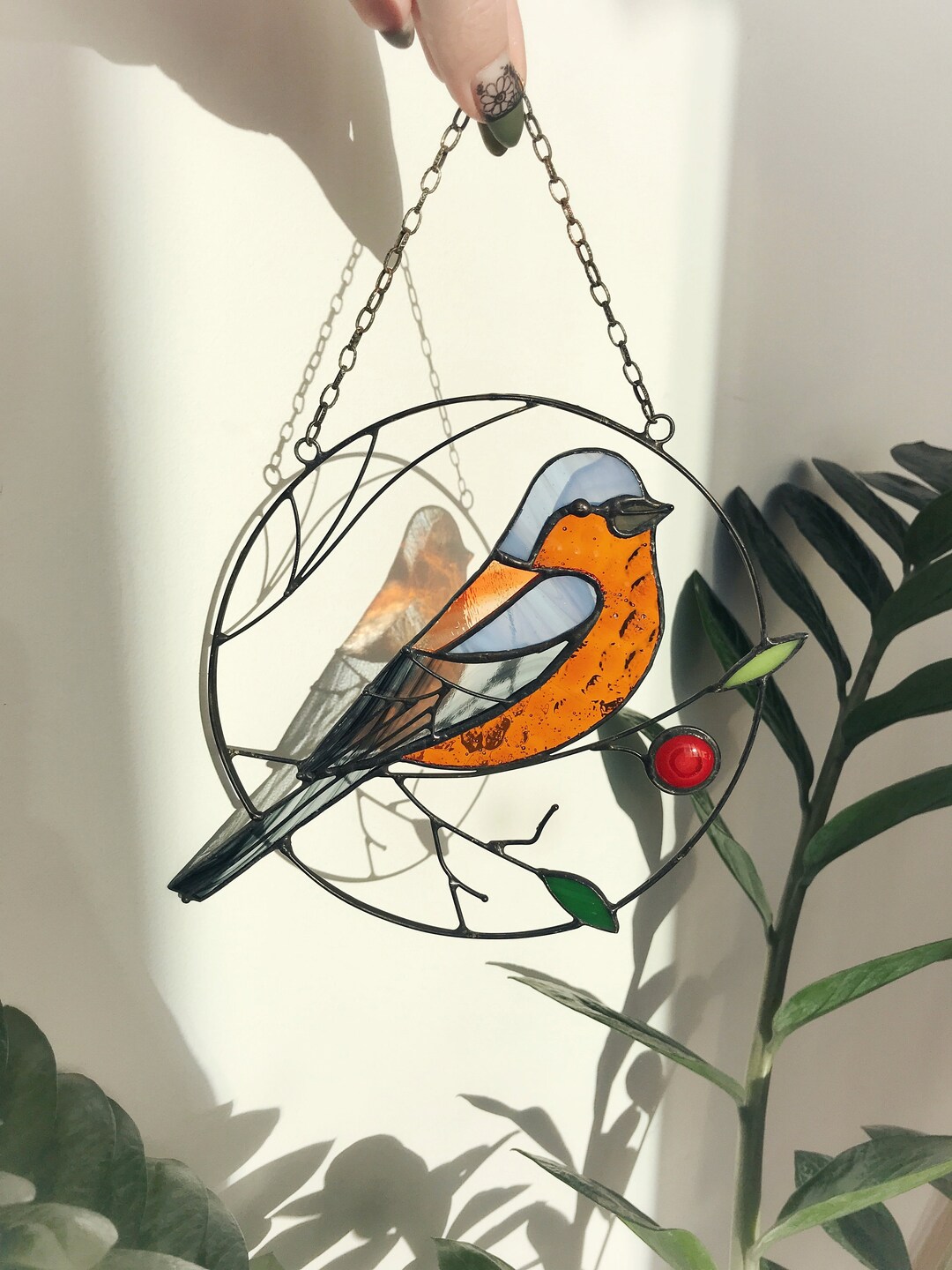 Stain Glass Finch Bird Red Blue Suncatcher Home House Decor Panel ...