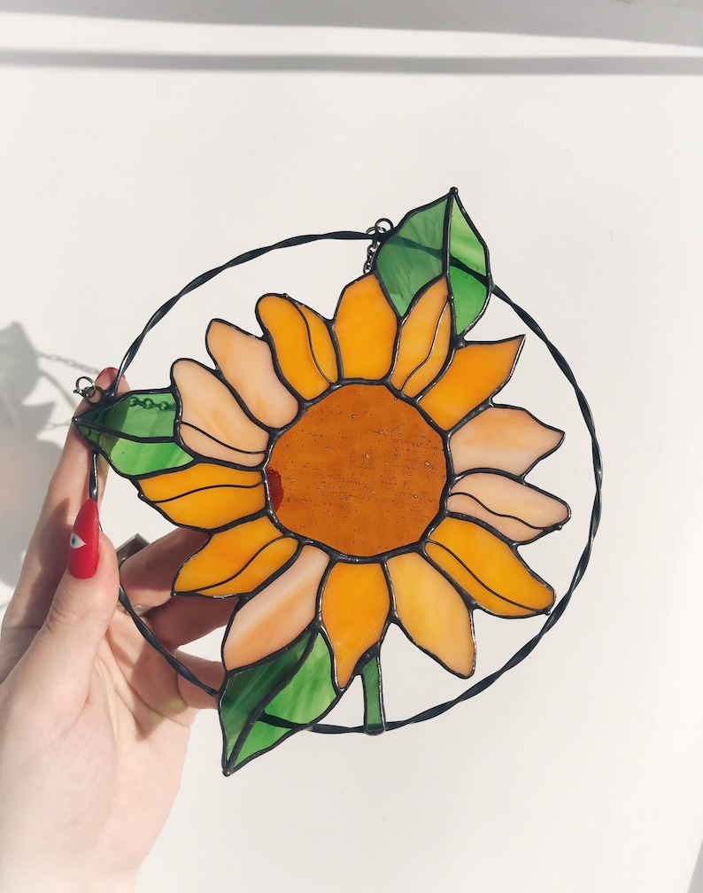 Sunflower Flower Suncatcher Stained Glass Home Decor Panel Etsy