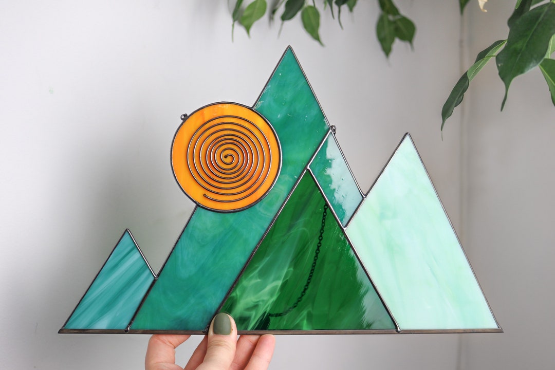 Green Suncatcher Mountain Stain Glass Picture | Home Decor Panel ...