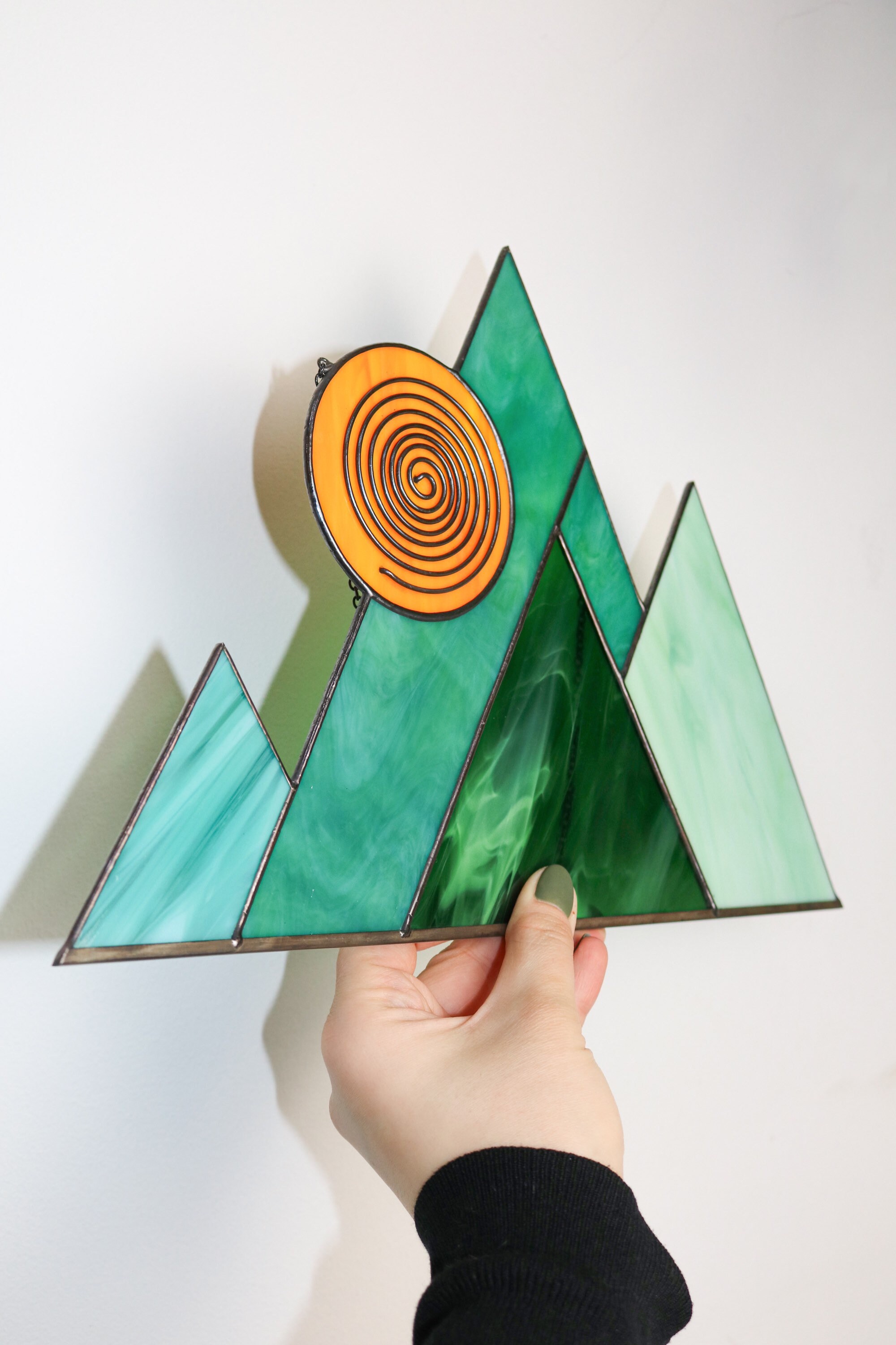 Green Suncatcher Mountain Stain Glass Picture Home House Decor Panel ...