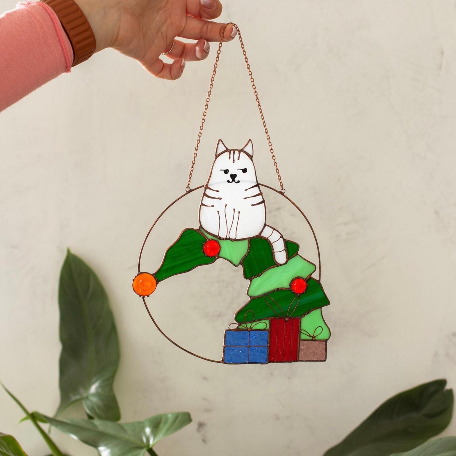 Funny Cat on Tree Suncatcher | Festive Stained Glass Picture | Patio ...