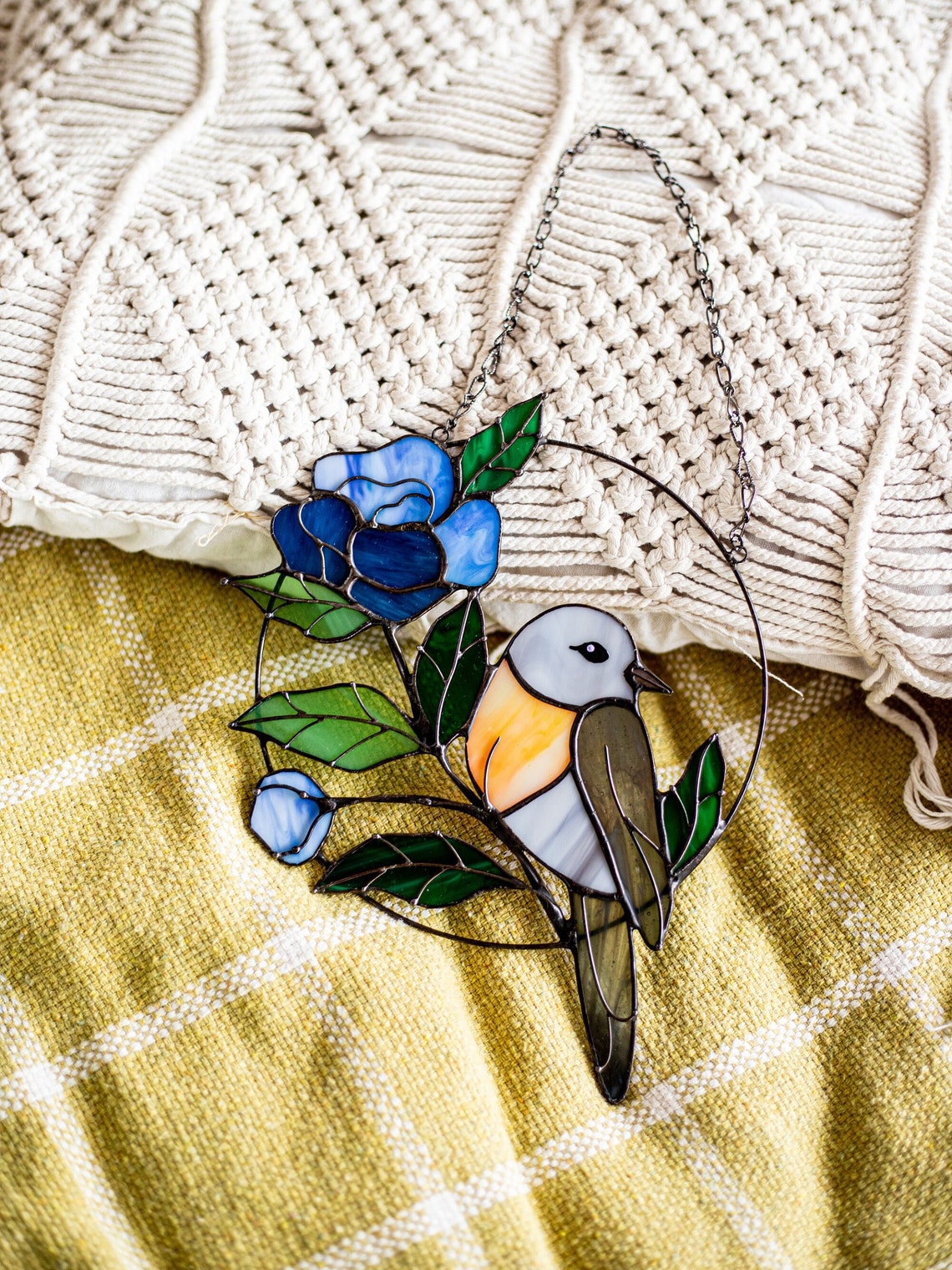 Stain Glass Finch Chaffinch Bird Grey Suncatcher Flower Home House ...