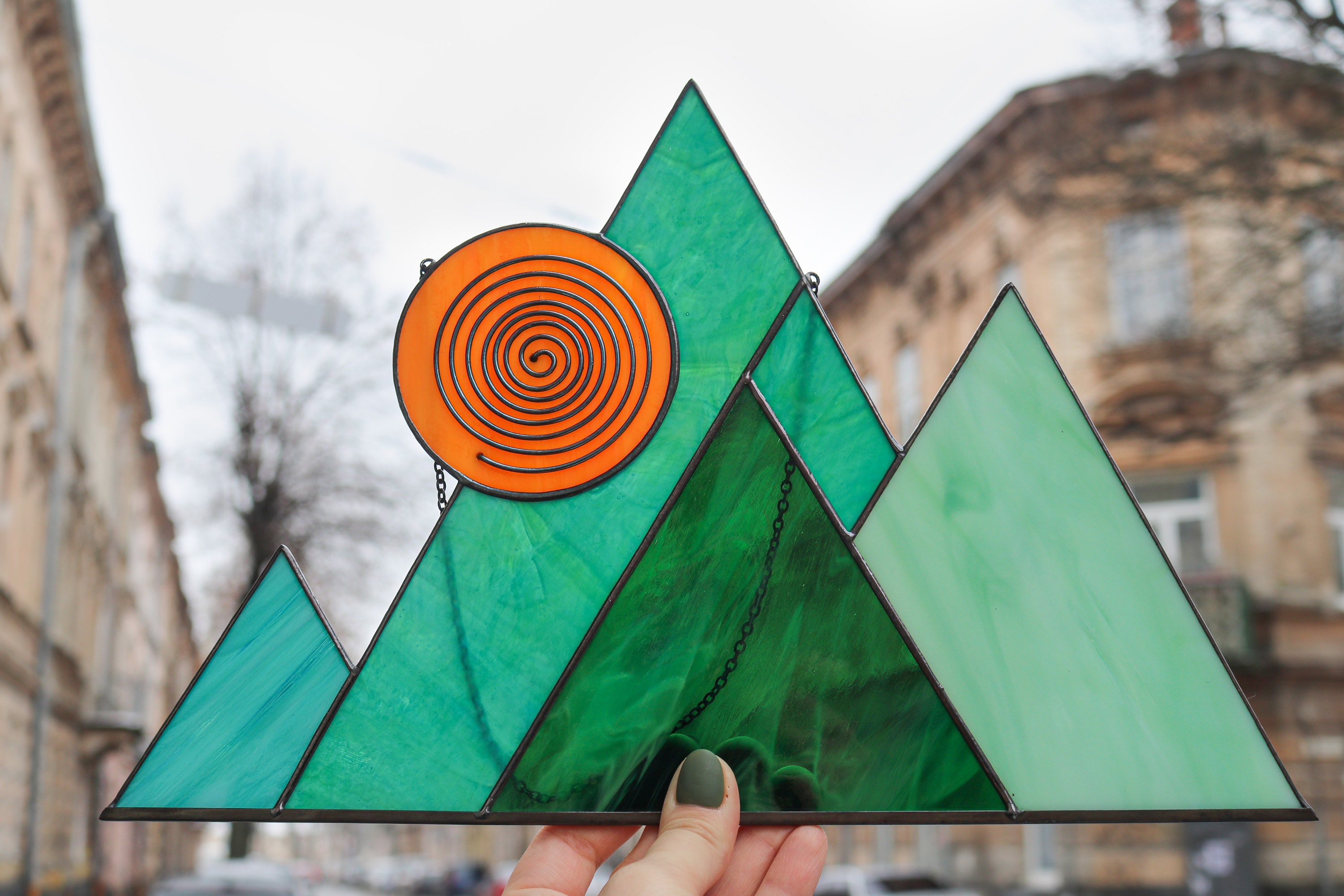 Green Suncatcher Mountain Stain Glass Picture Home House Decor Panel ...