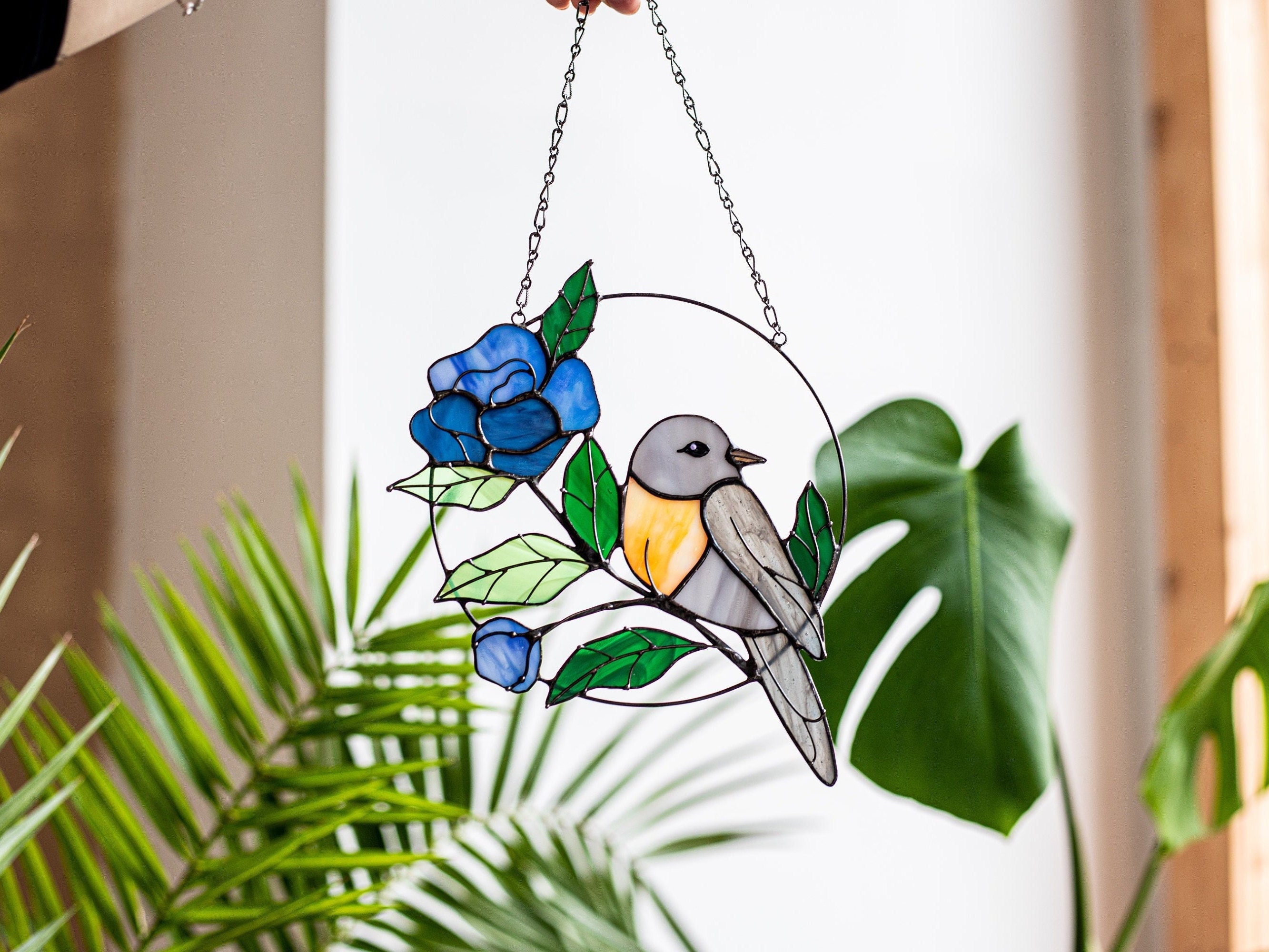 Stain Glass Finch Chaffinch Bird Grey Suncatcher Flower Home House ...