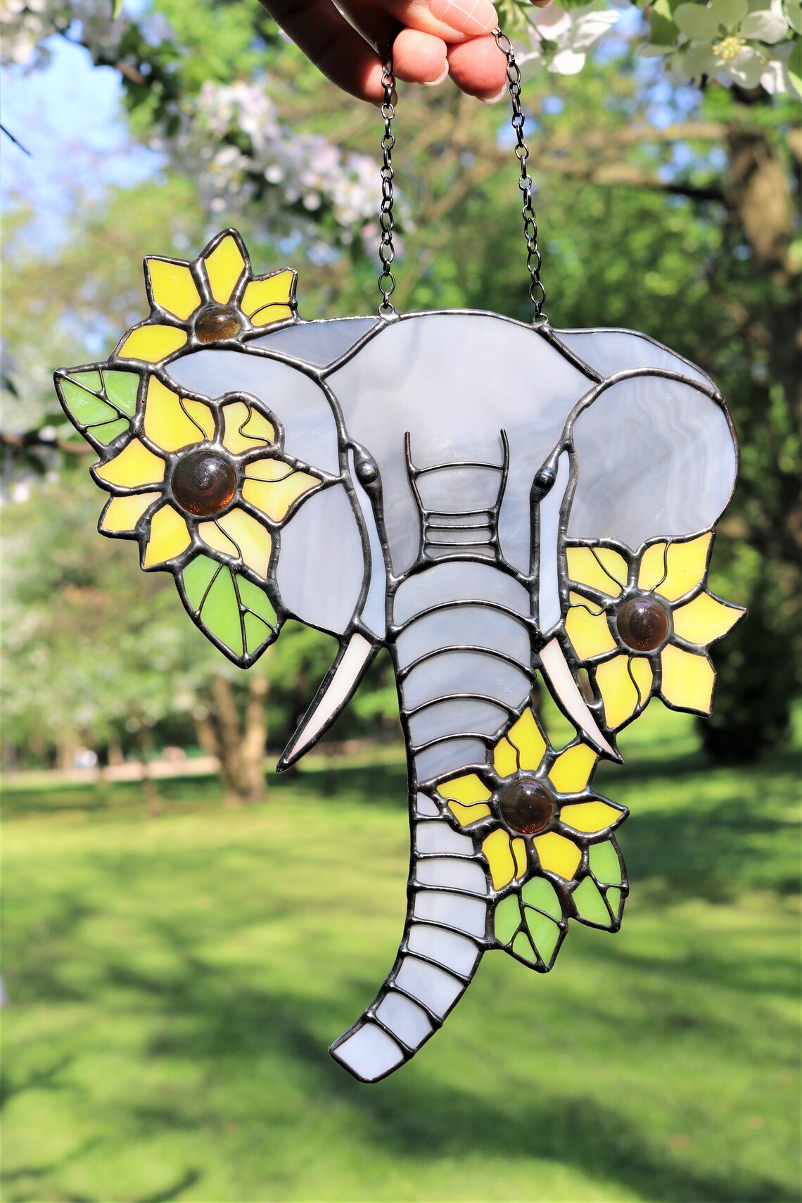 Suncatcher Elephant Sunflowers. Stained glass Nature Ornament | Etsy