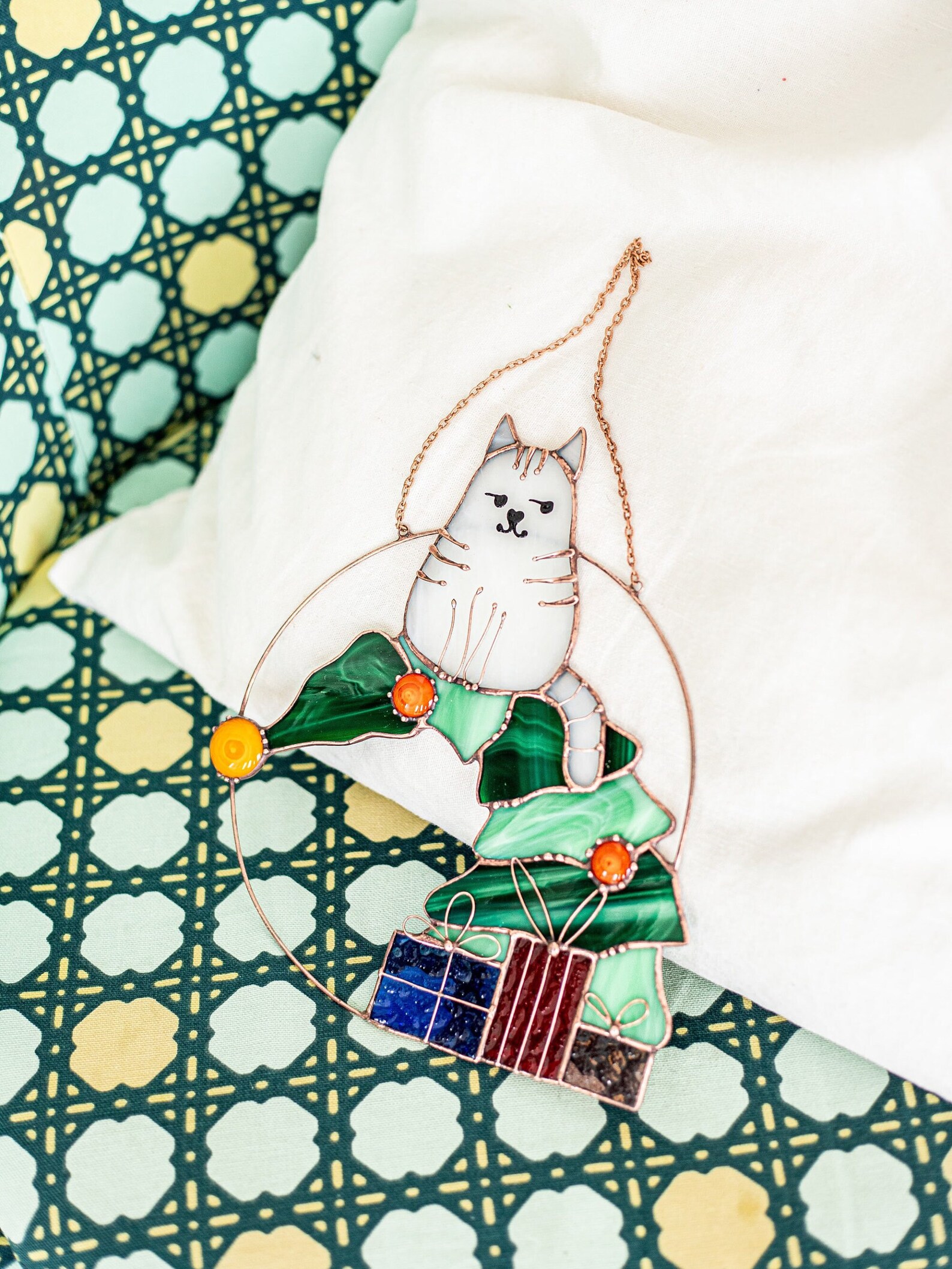 Funny Cat on Tree Suncatcher | Festive Stained Glass Picture | Patio ...