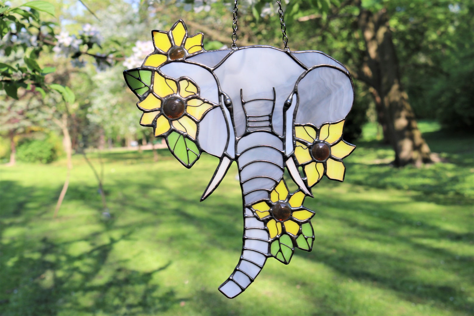 Stained Glass Elephant Suncatcher With Flowers | Handmade Wall Window ...