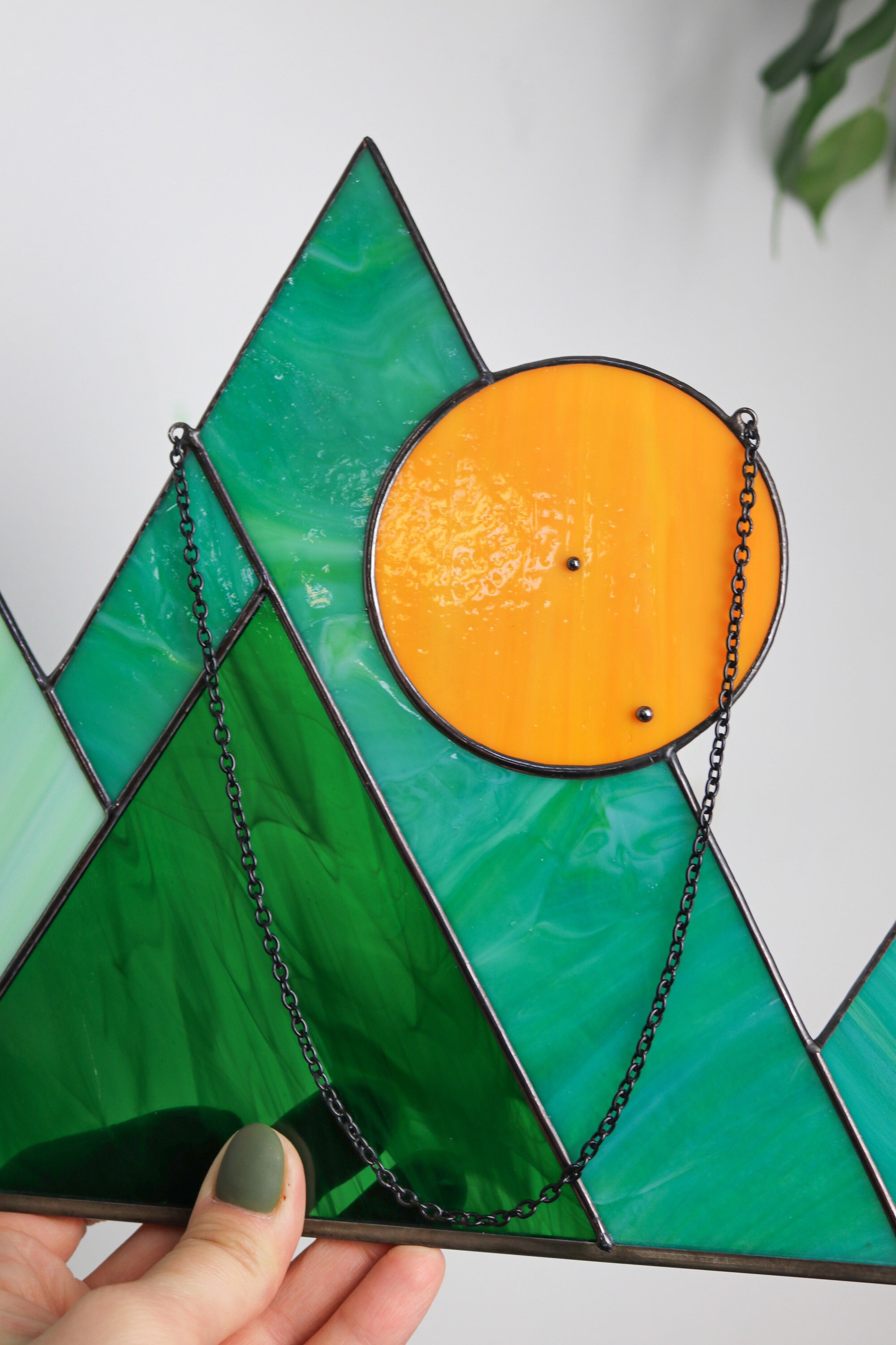 Green Suncatcher Mountain Stain Glass Picture Home House Decor Panel ...
