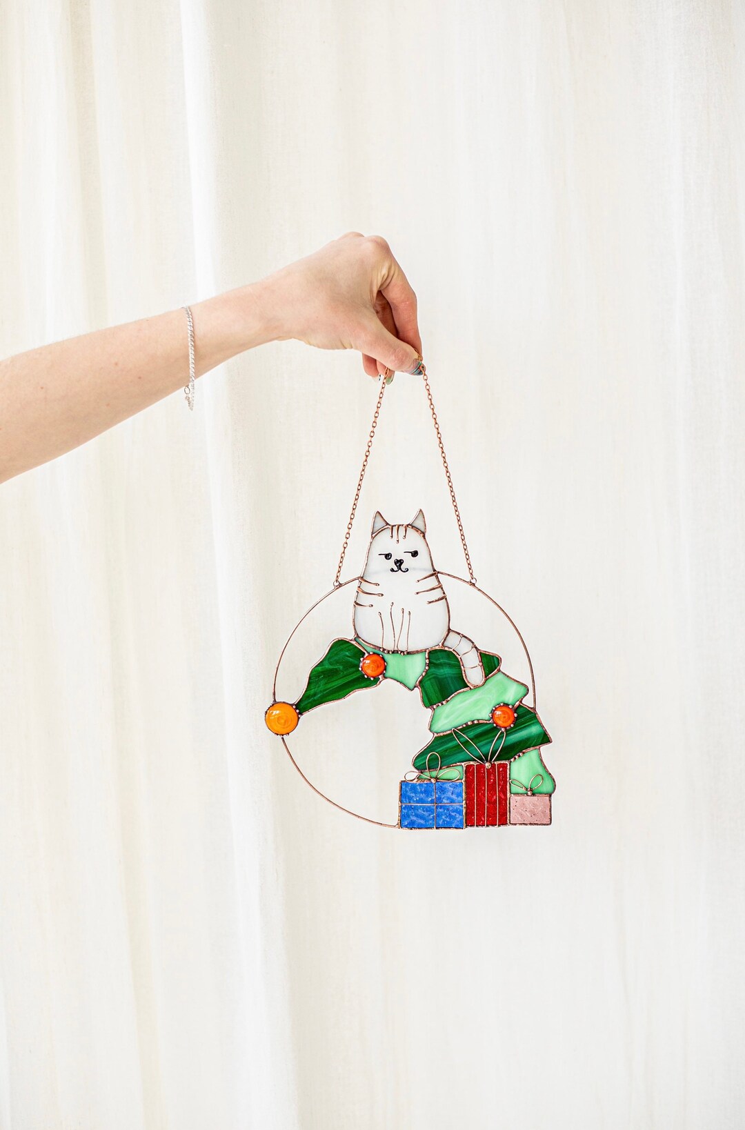 Funny Christmas Suncatcher Cat on Tree New Year Stained Glass - Etsy