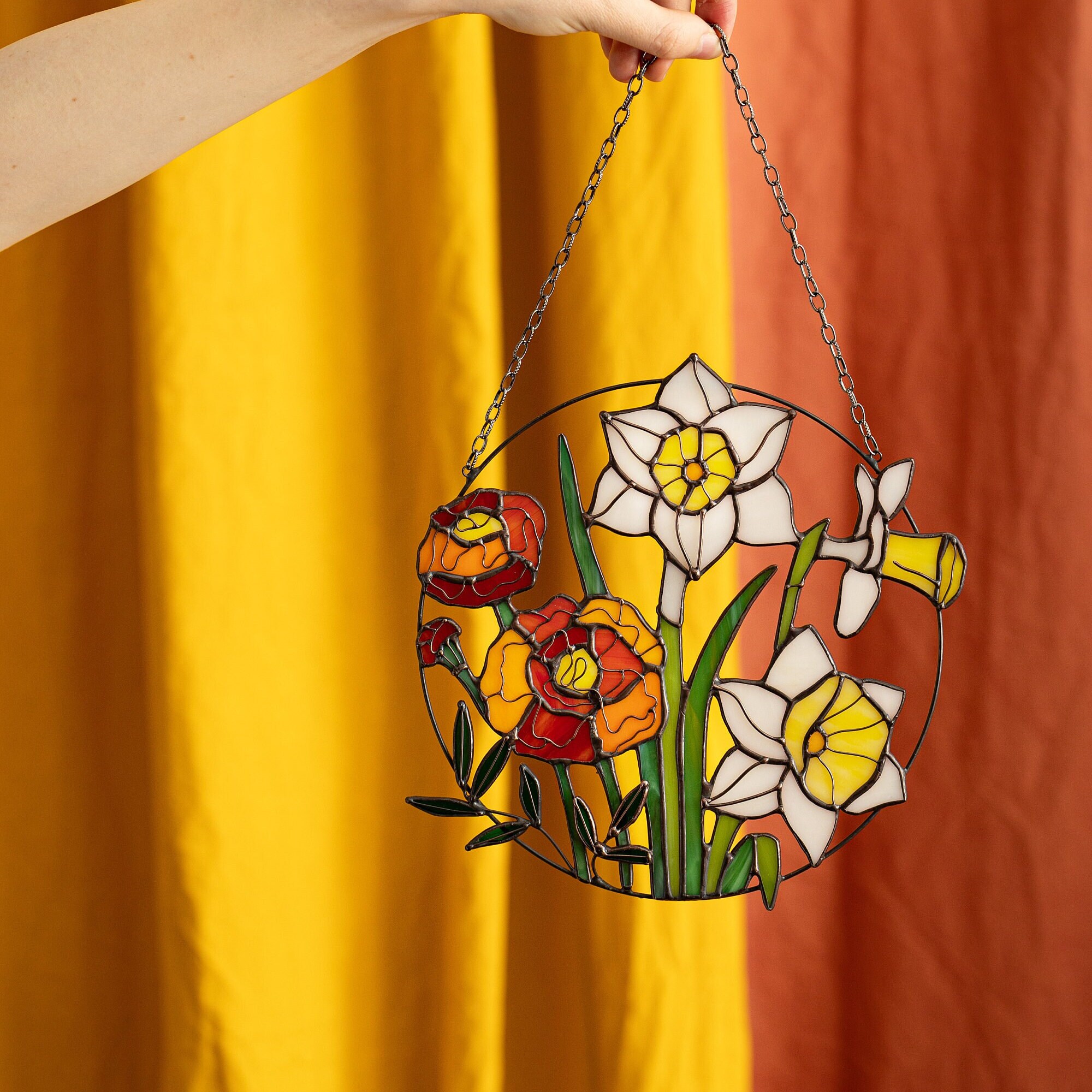 Daffodils and Marigold Flowers Suncatcher | Real Glass Window Wall ...