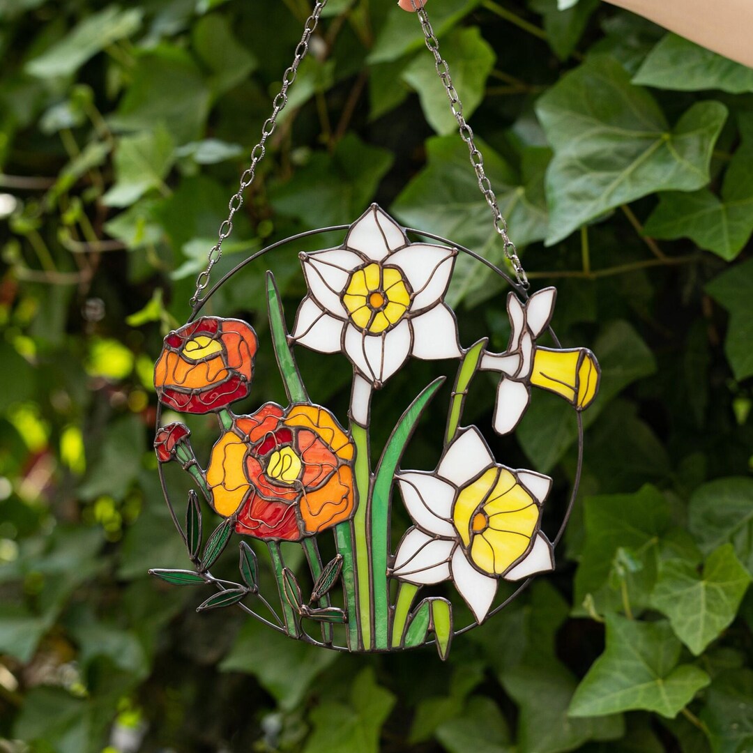 Daffodils and Marigold Flowers Suncatcher | Real Glass Window Wall ...