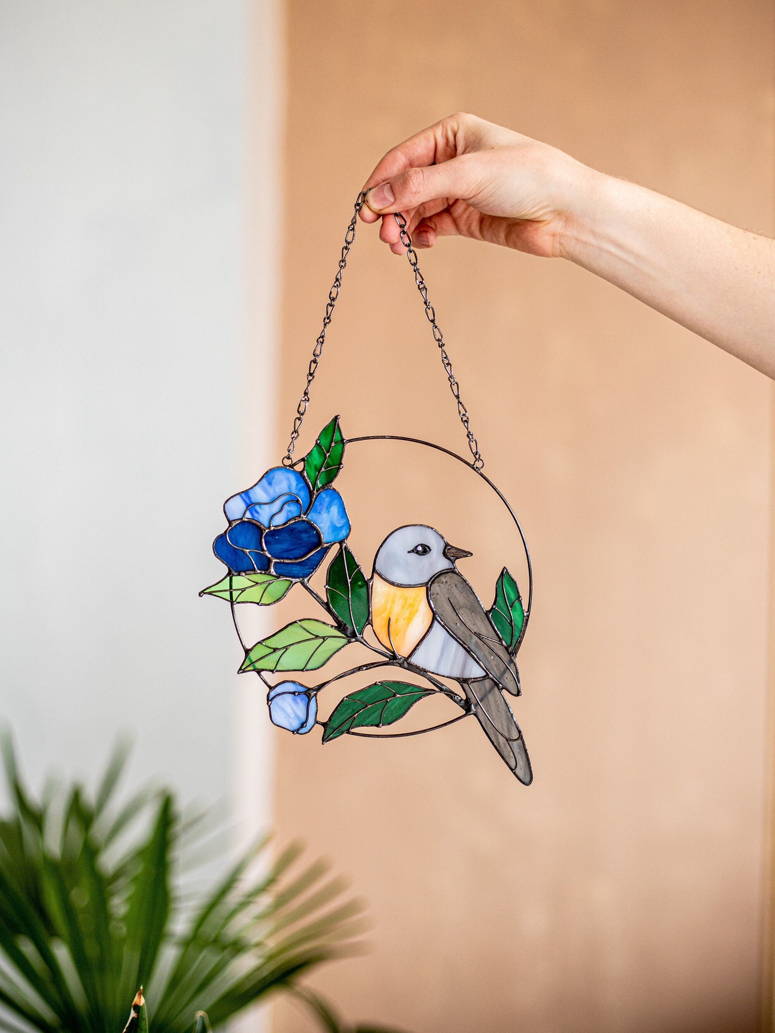 Stain Glass Finch Chaffinch Bird Grey Suncatcher Flower Home House ...
