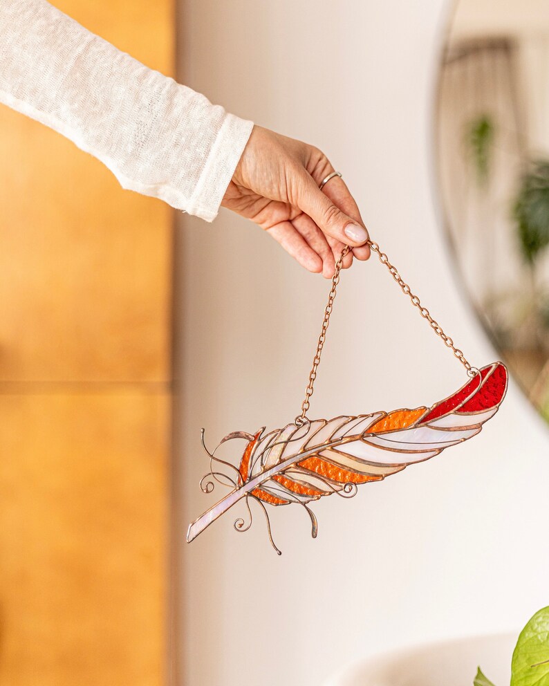 Handmade Home Style Red Feather Wall Window Hanging | Real Glass New ...