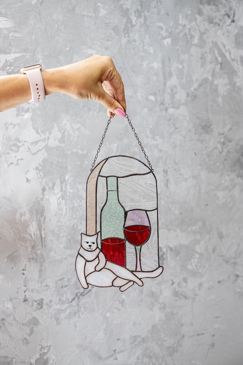 Suncatcher Cat Wine Funny Stain Glass Picture Home House Decor - Etsy