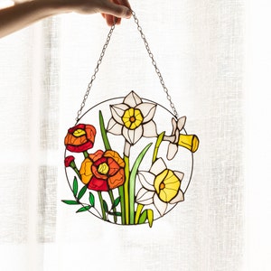 Daffodils and Marigold Flowers Suncatcher | Real Glass Window Wall ...