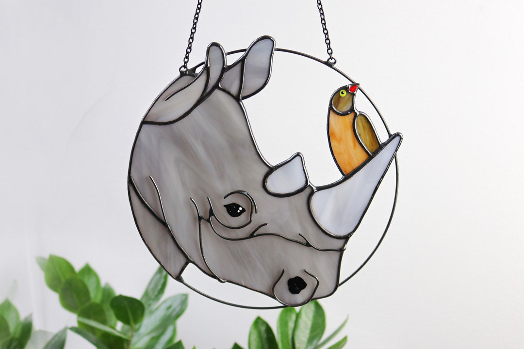 Stained Glass Suncatcher Rhinoceros Animal. Home House Wall Window ...