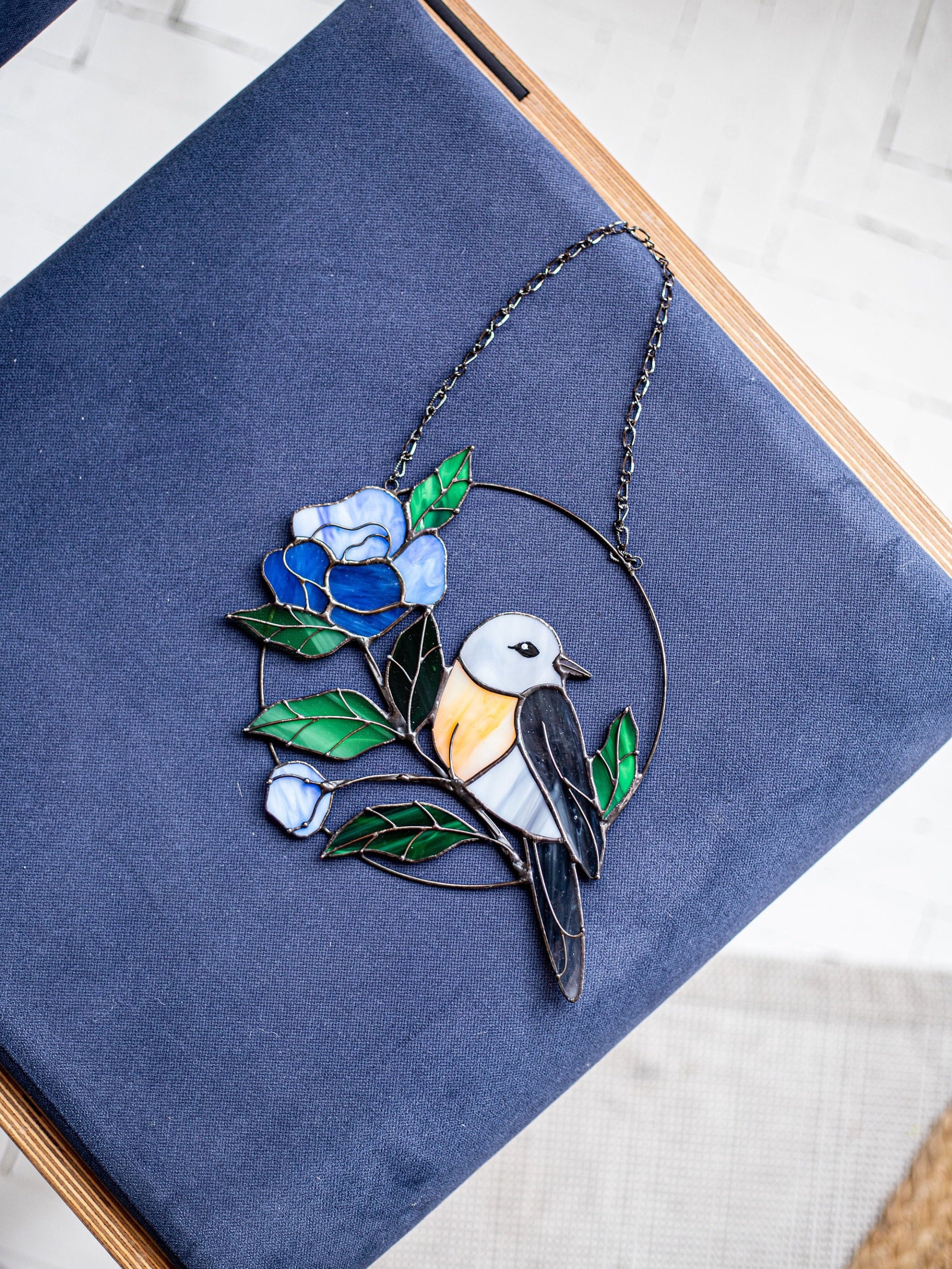 Stain Glass Finch Chaffinch Bird Grey Suncatcher Flower Home House ...