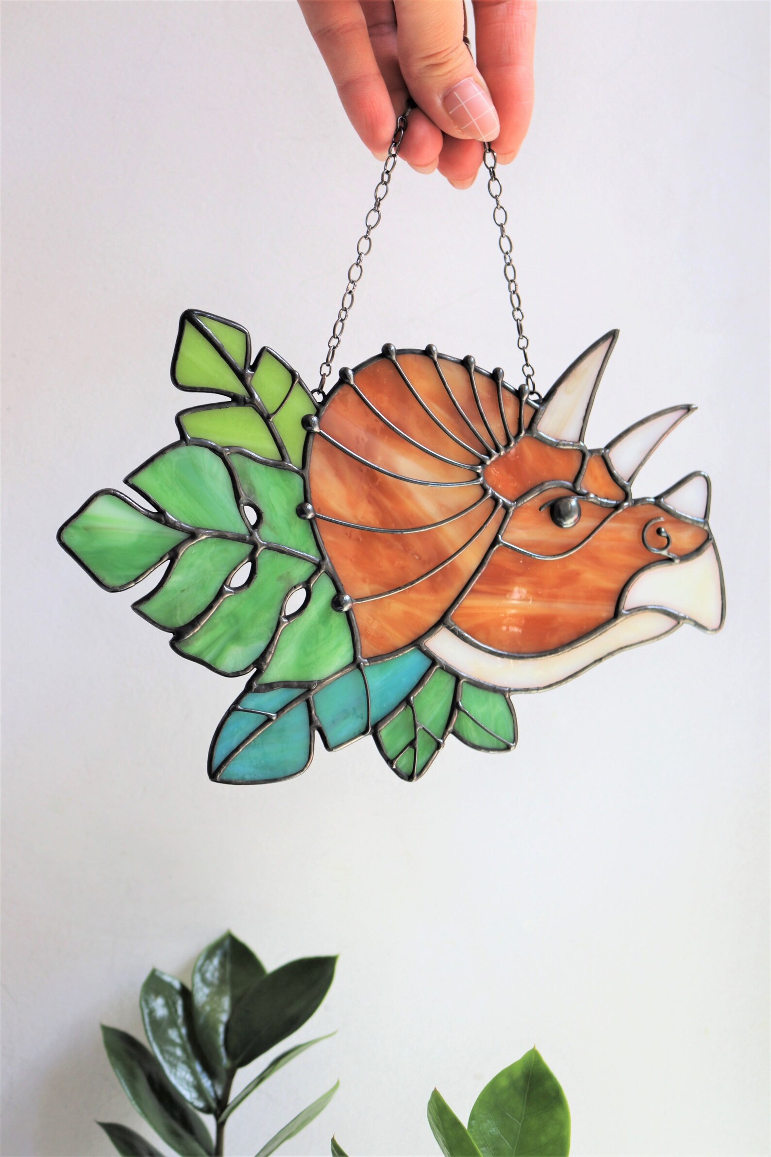 Suncatcher Dinosaur Triceratops Unicorn Stained Glass Nature Ornament Monstera Animal Home House ...