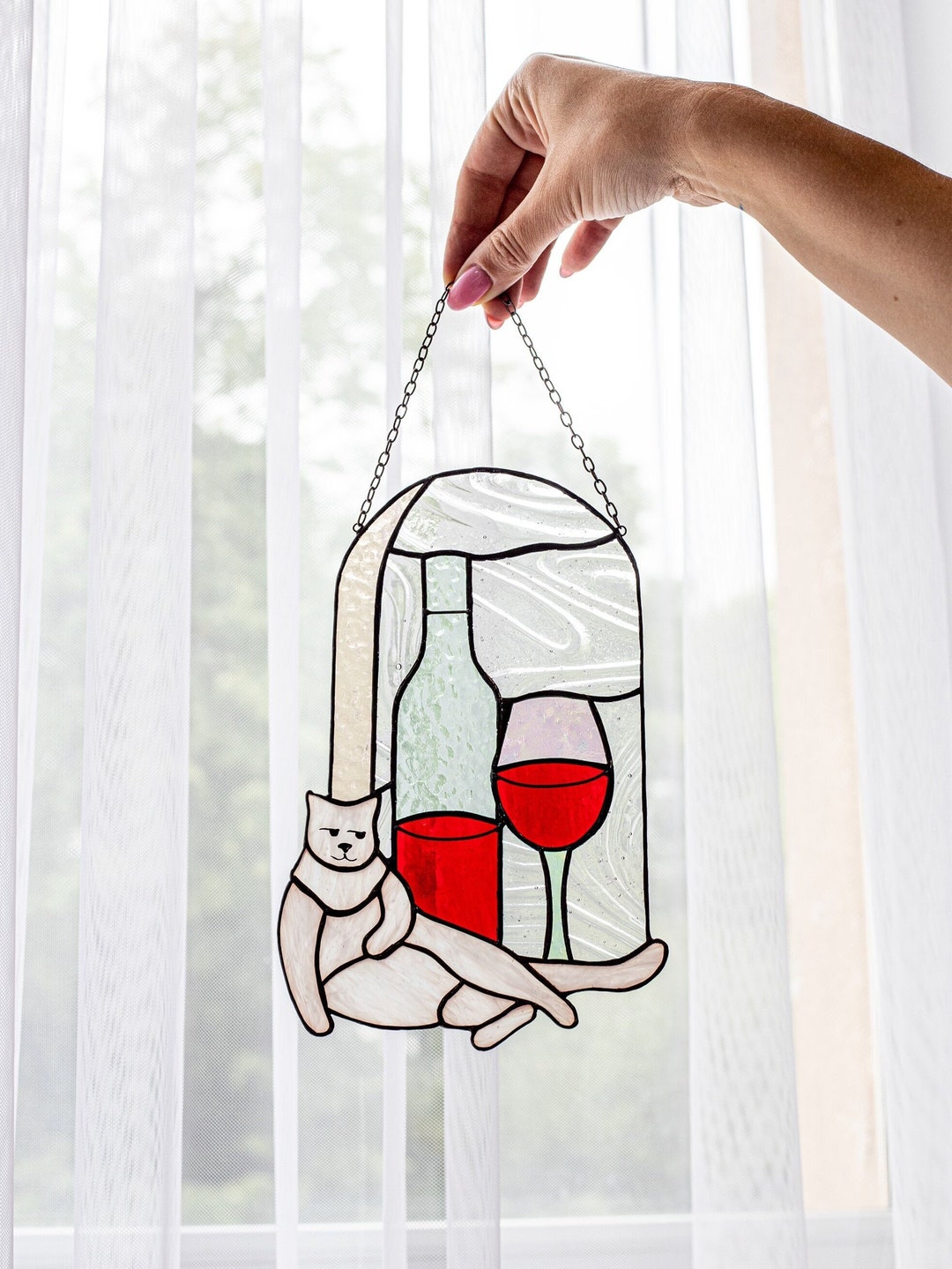 Suncatcher Cat Wine Funny Stain Glass Picture Home House Decor Ornament ...
