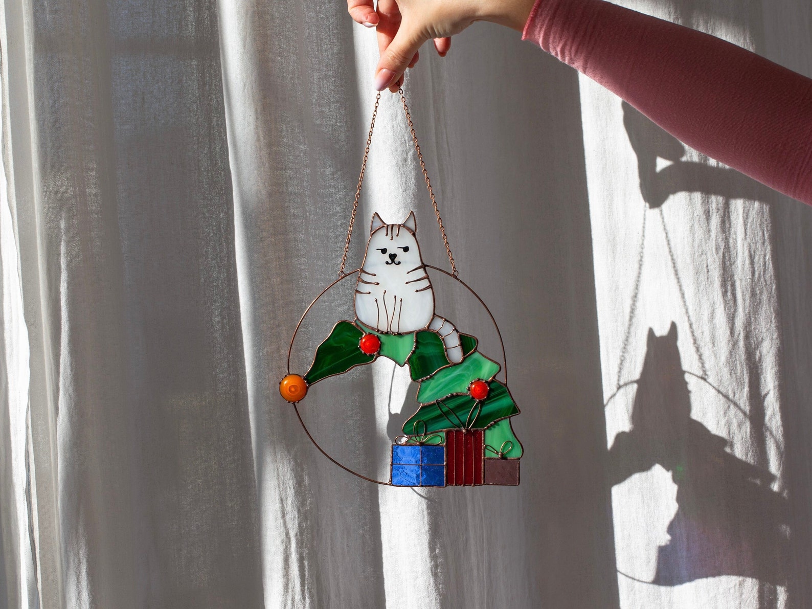 Funny Cat on Tree Suncatcher | Festive Stained Glass Picture | Patio ...